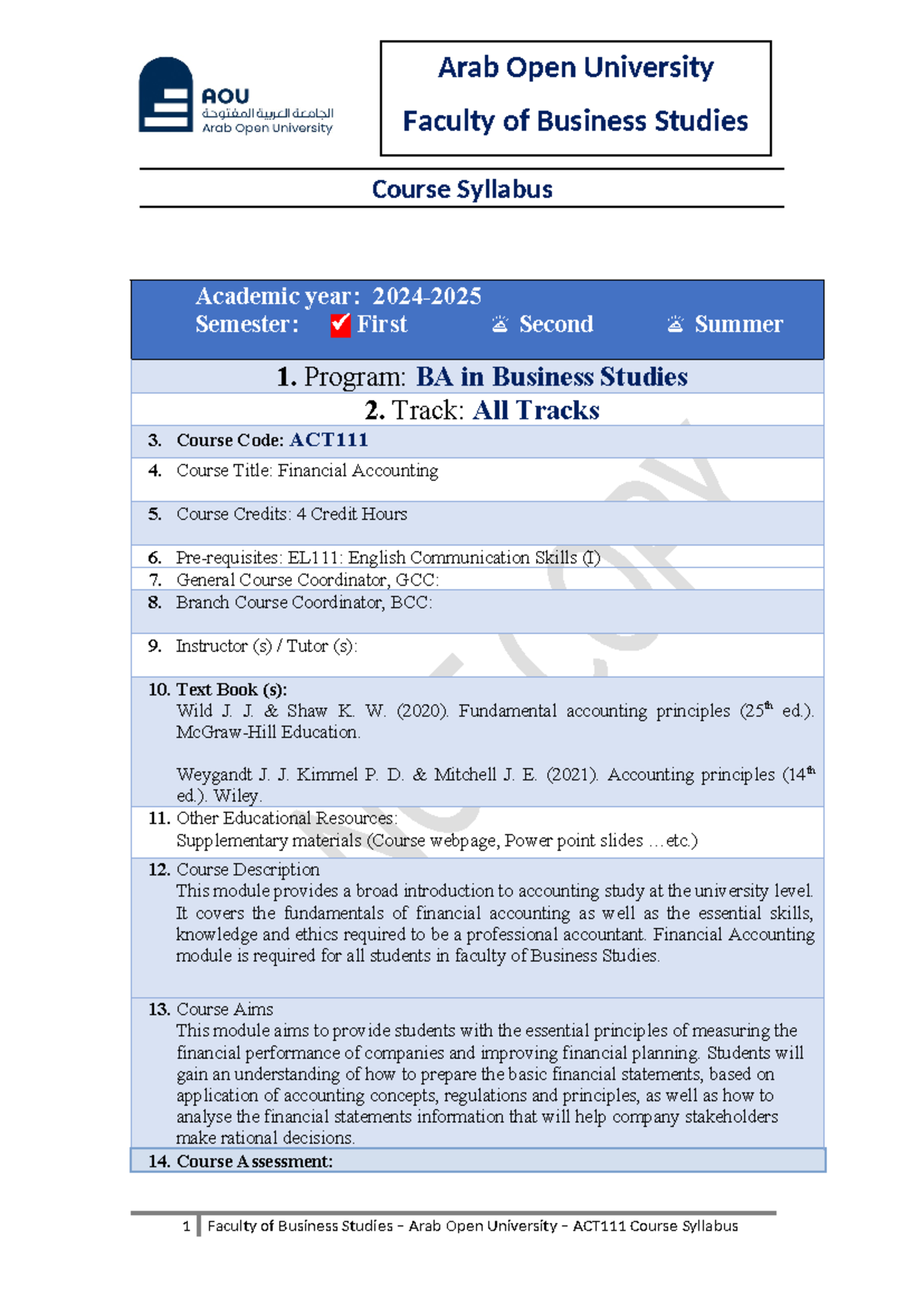 ACT111 Financial Accounting Course Syllabus First Semester 2024-25 ...