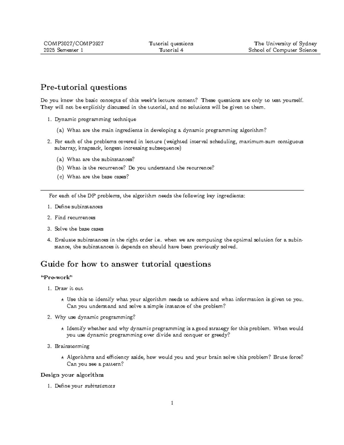 COMP3027/COMP3927 Tutorial 4 - Dynamic Programming I (Solutions) - Studocu