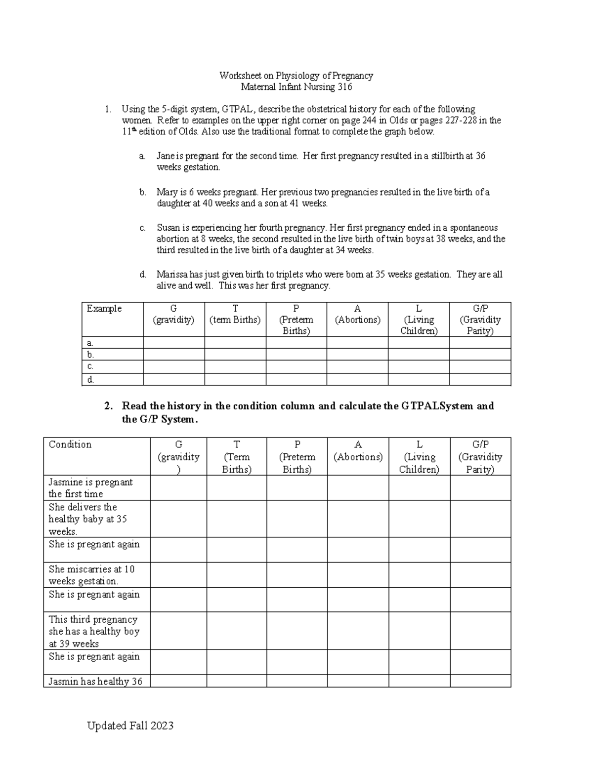 Worksheet on Physiology of Pregnancy and Gtpal updated Fall 2023 ...