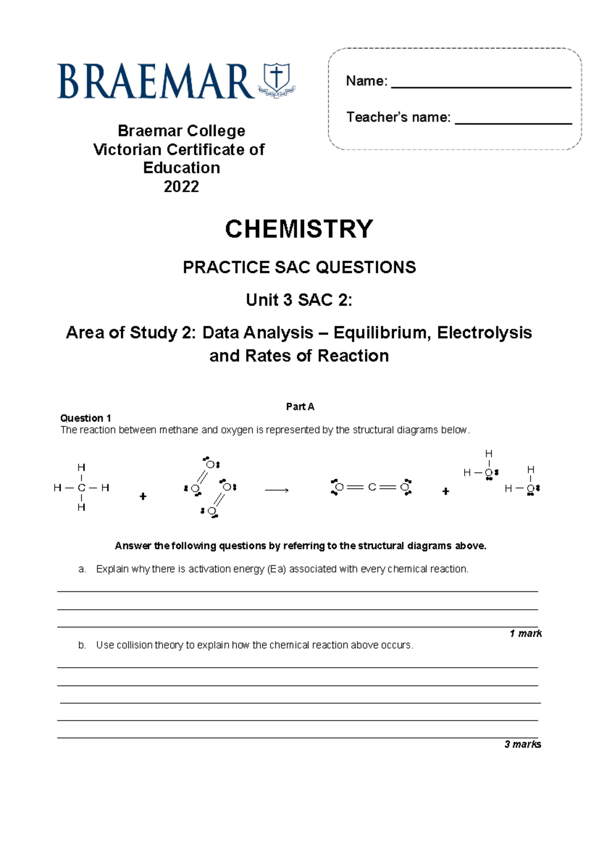 Chemistry Unit 3 SAC 2 Practice Questions: Equilibrium & Electrolysis ...