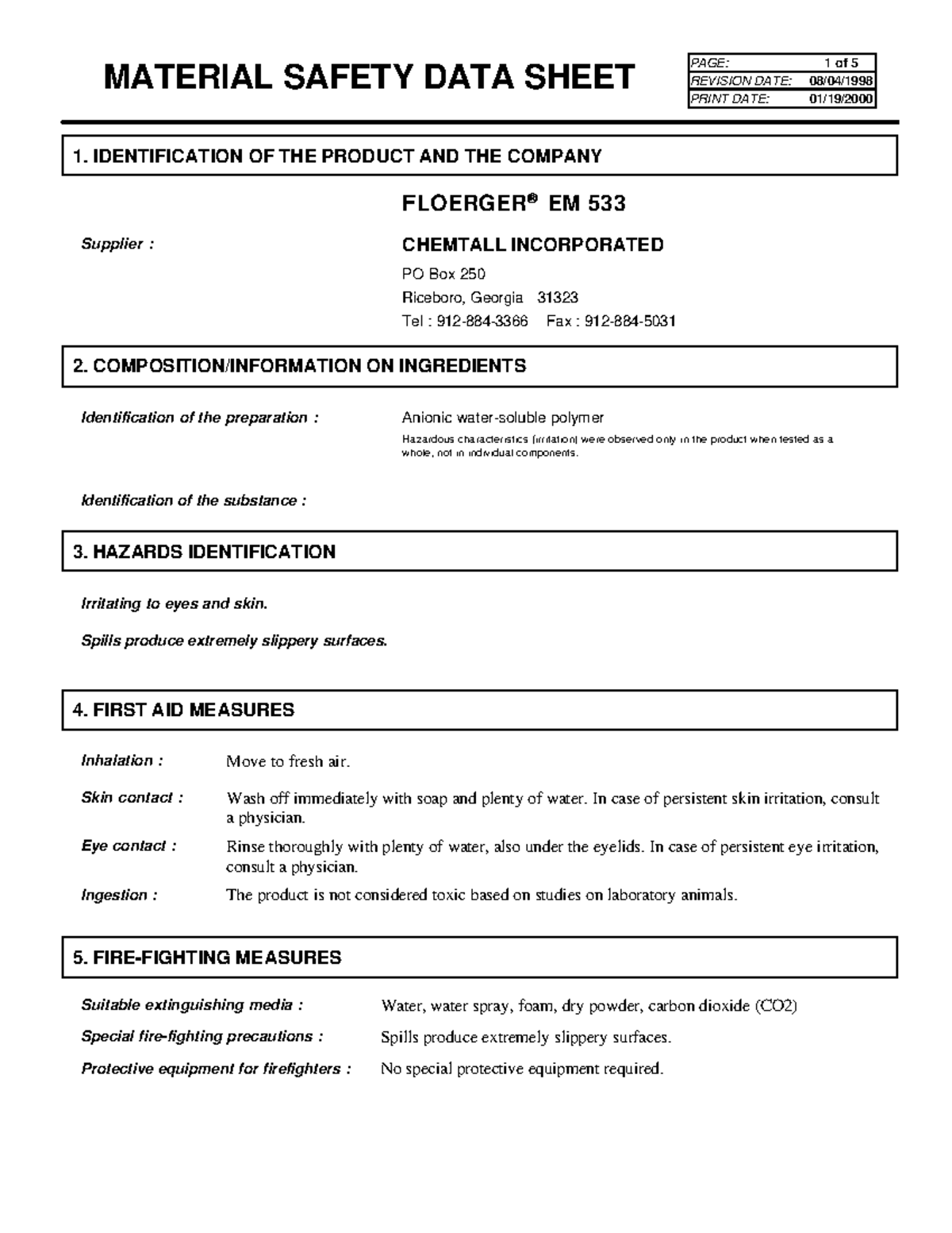 Flopam EM533 Material Safety Data Sheet (MSDS) for Oil Production - Studocu