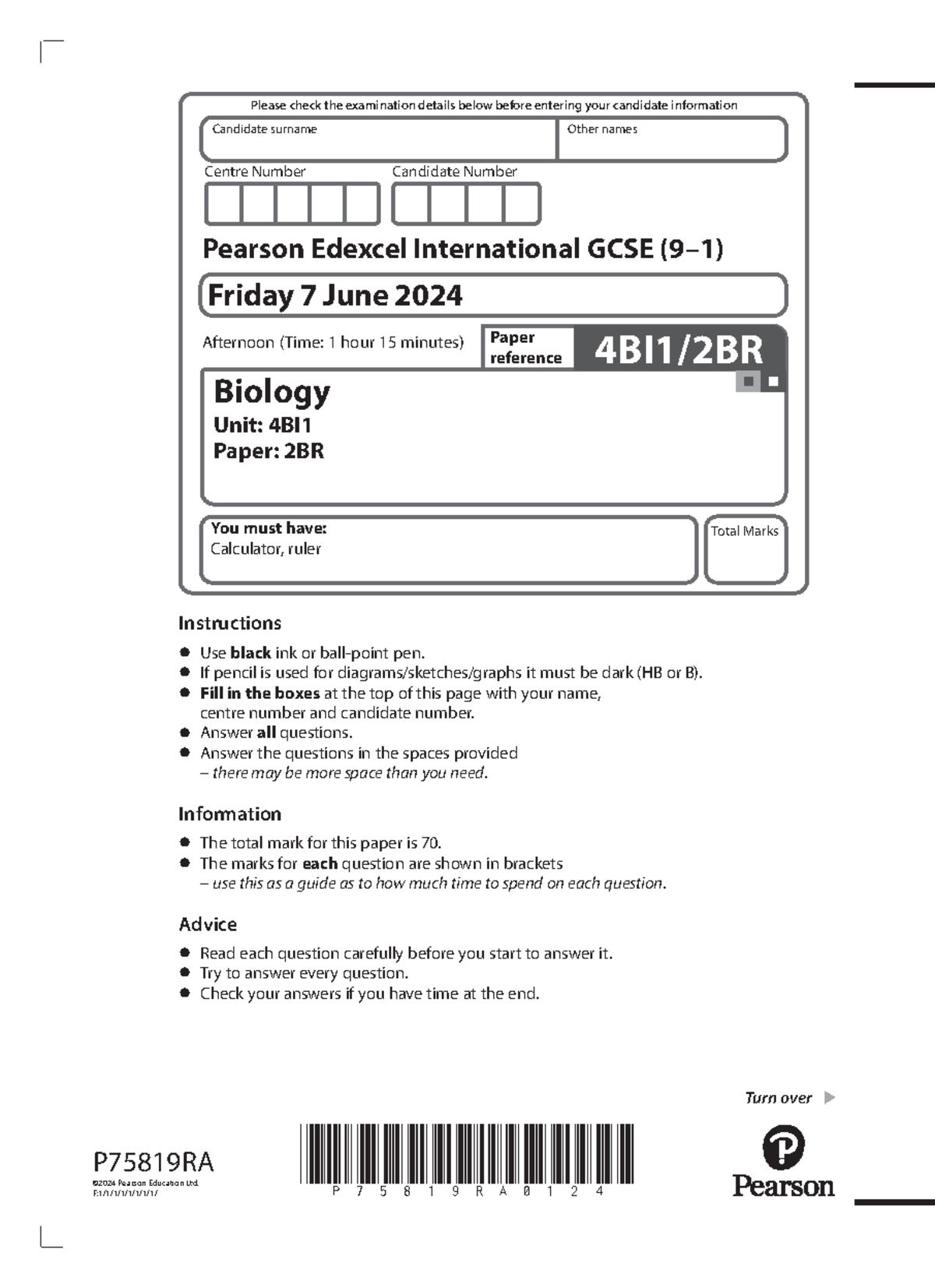 4BI1 2BR Biology Exam Instructions and Key Information for June 2024 ...