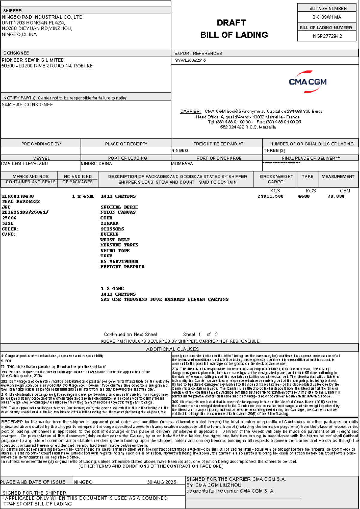 NGP2772942 Draft Bill of Lading - Shipping Details and Terms - Studocu