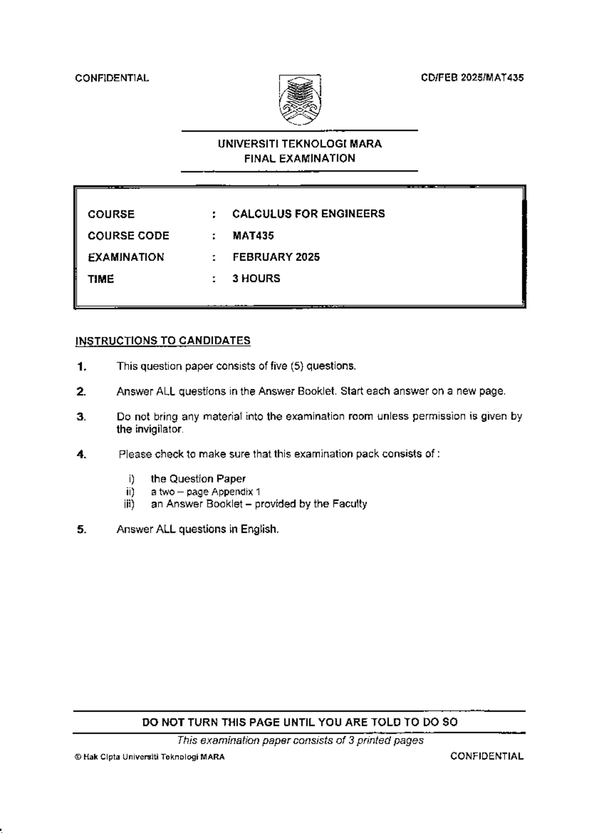 MAT435 Final Exam Paper - Calculus for Engineers, Feb 2025 - Studocu