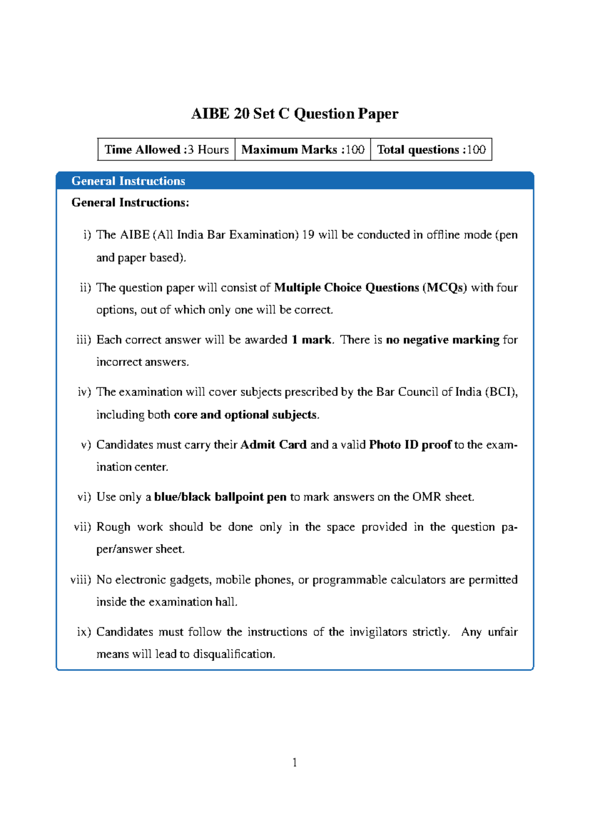 AIBE 20 Set C Question Paper with Instructions and MCQs - Studocu
