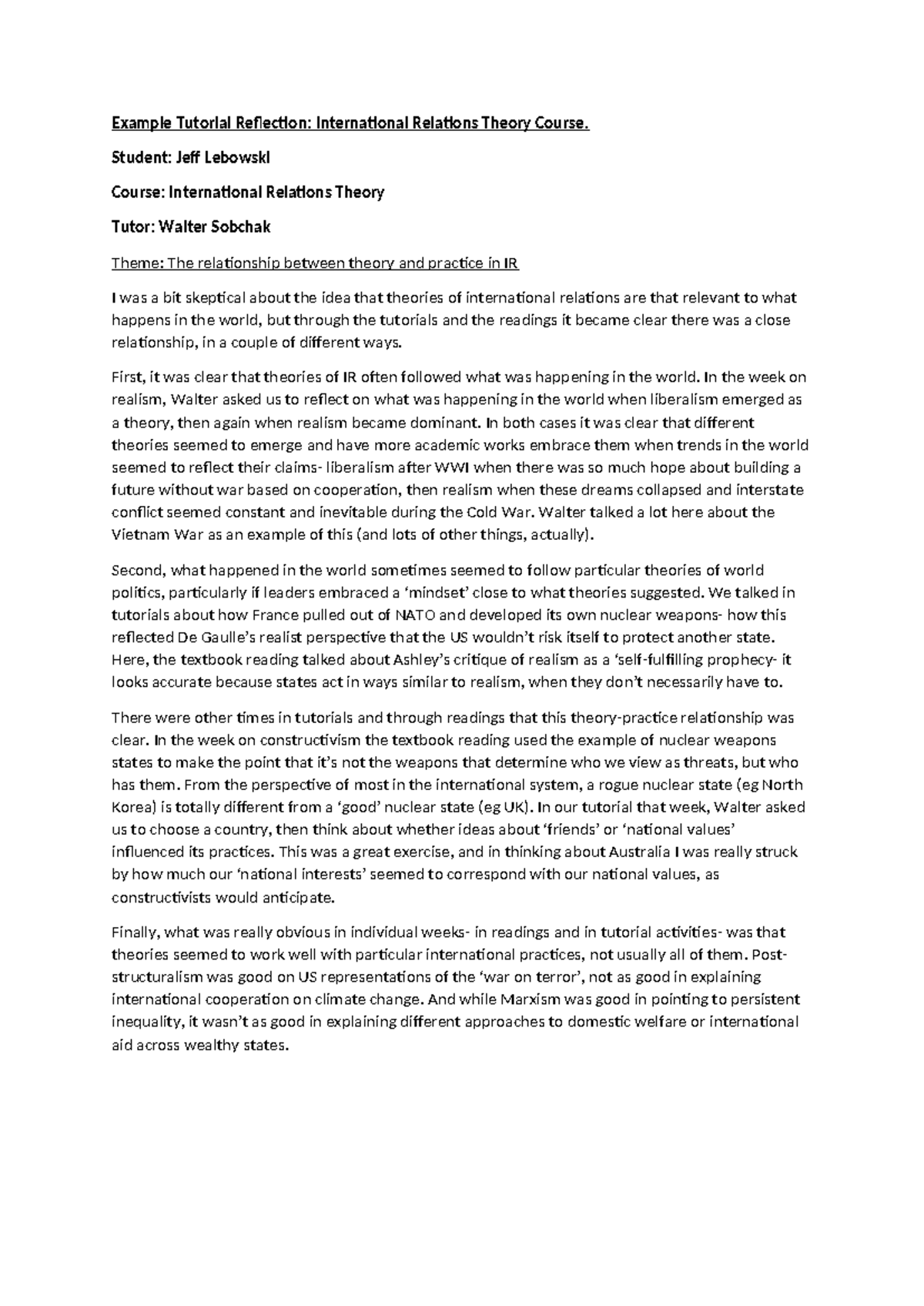 Example Tutorial Reflection Exercise - Example Tutorial Reflection ...