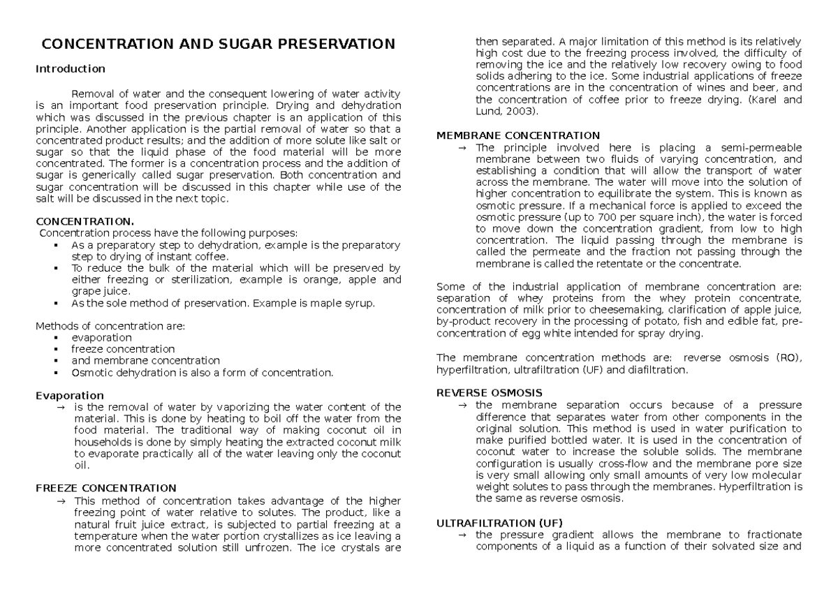 Concentration Techniques and Sugar Preservation in Food Science - Studocu