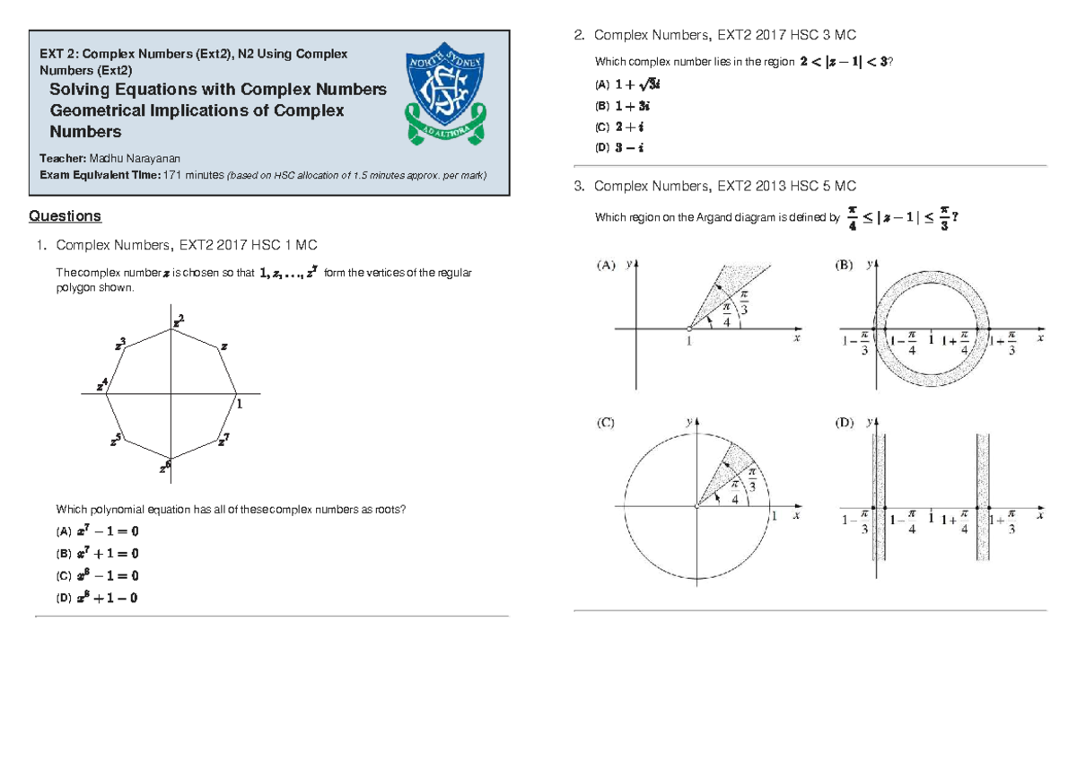 Complex Numbers Worksheet, EXT2 2017 HSC Exam Preparation - Studocu
