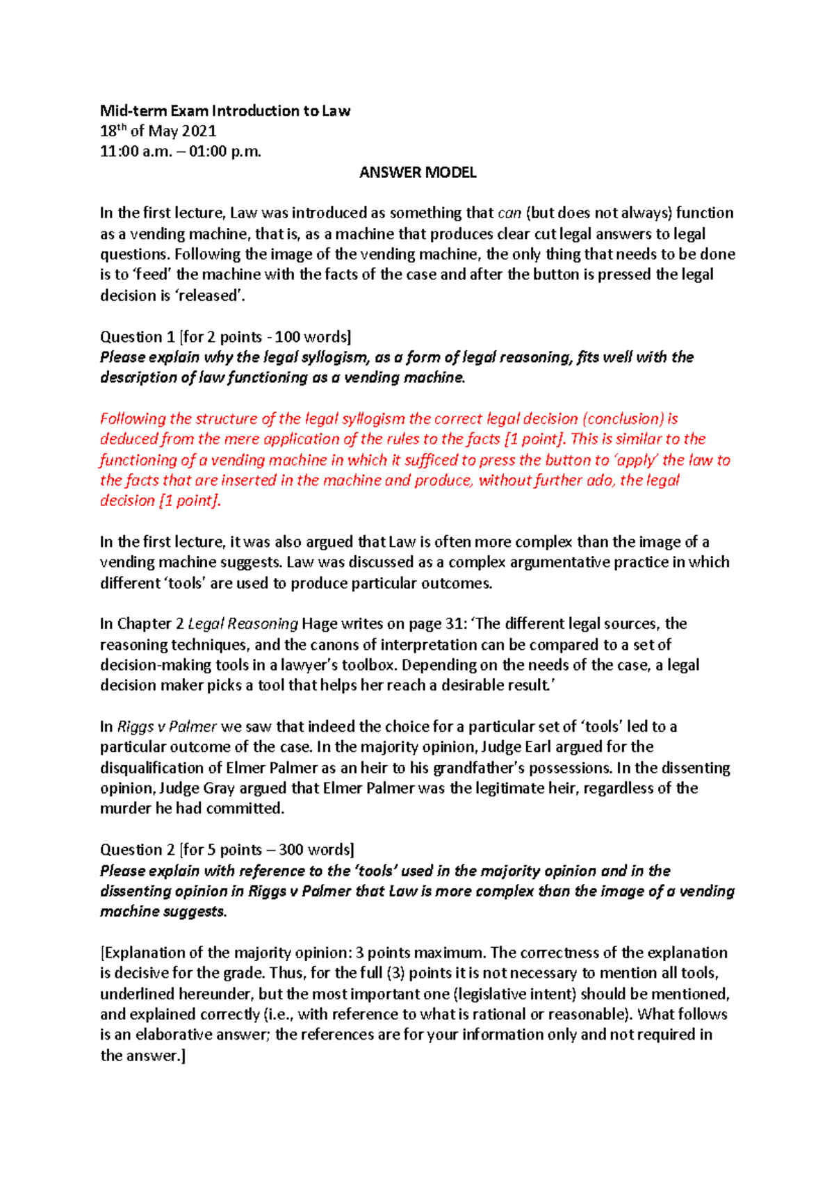 Introduction to Law Midterm Exam Model Answers 2021 - Studeersnel