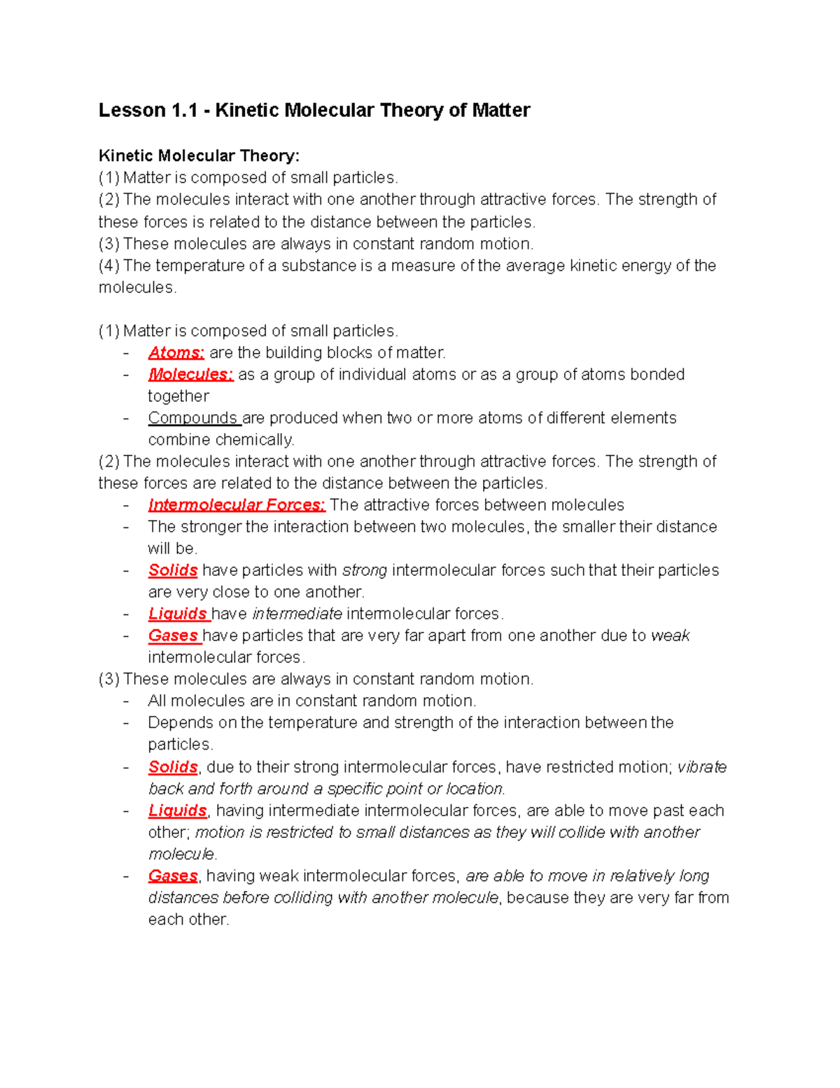 Chemistry 101: Kinetic Molecular Theory and Intermolecular Forces Notes ...