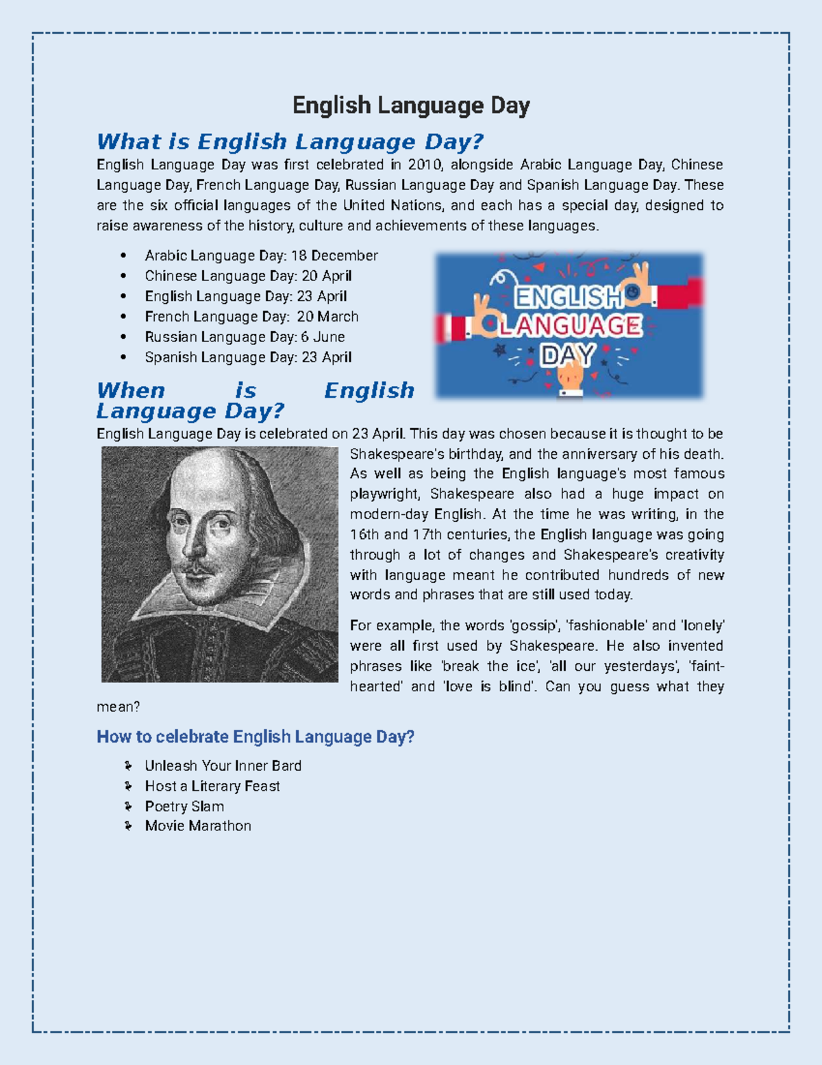 English Language Day Overview - ENG101 - Studocu