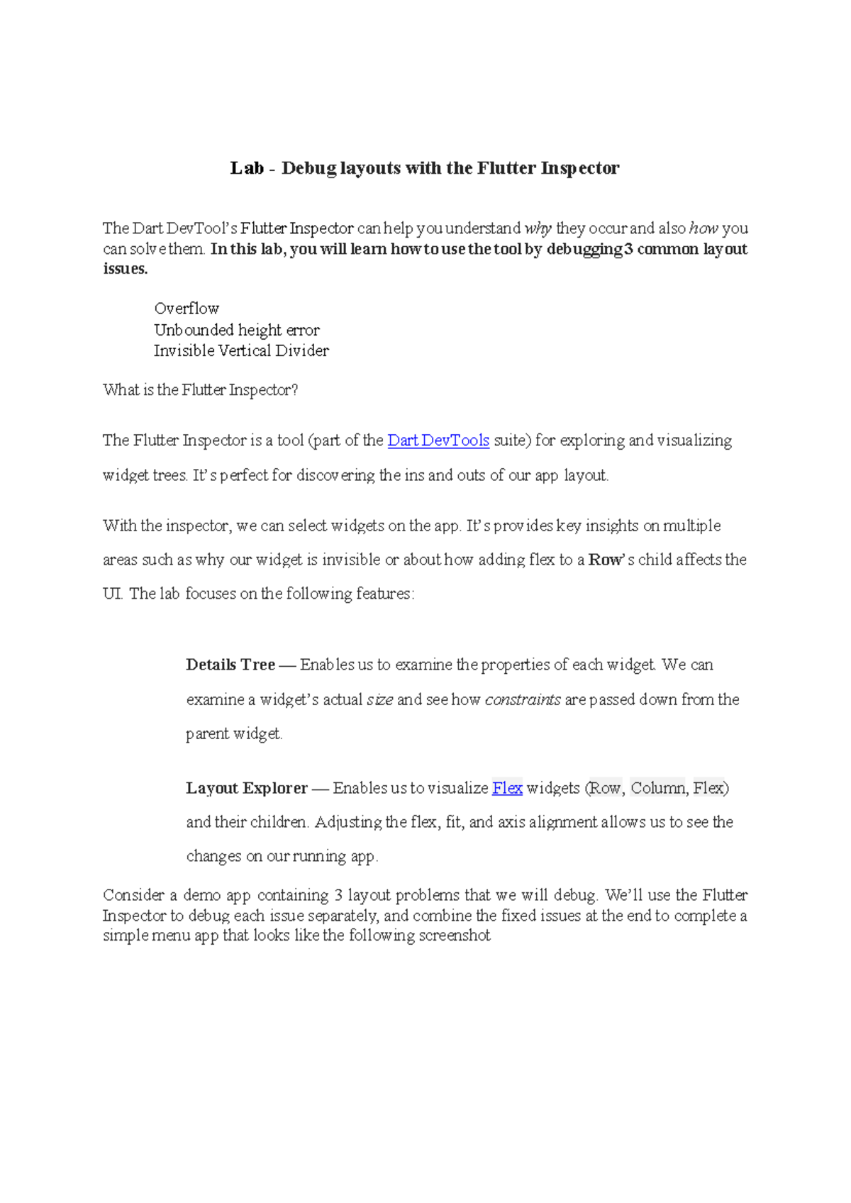 Lab 8 - Debugging Layout Issues with Flutter Inspector - Studocu