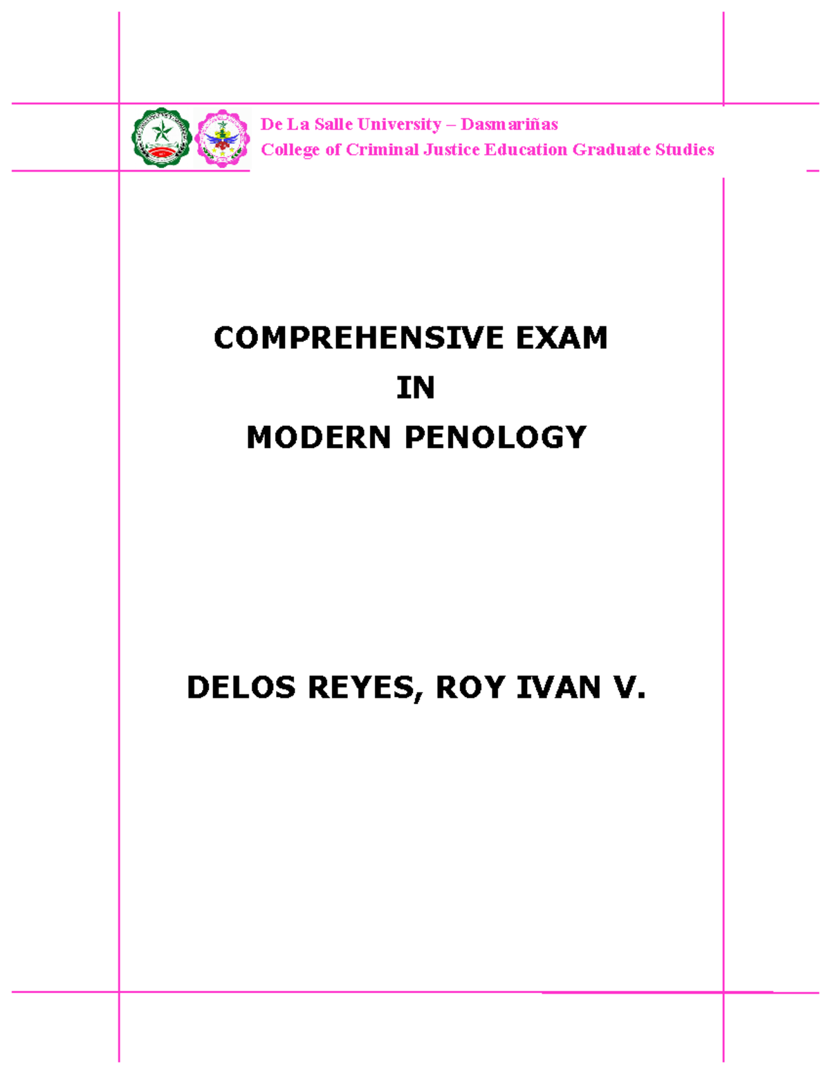 Modern Penology on De la Salle on the specific topic - COMPREHENSIVE ...