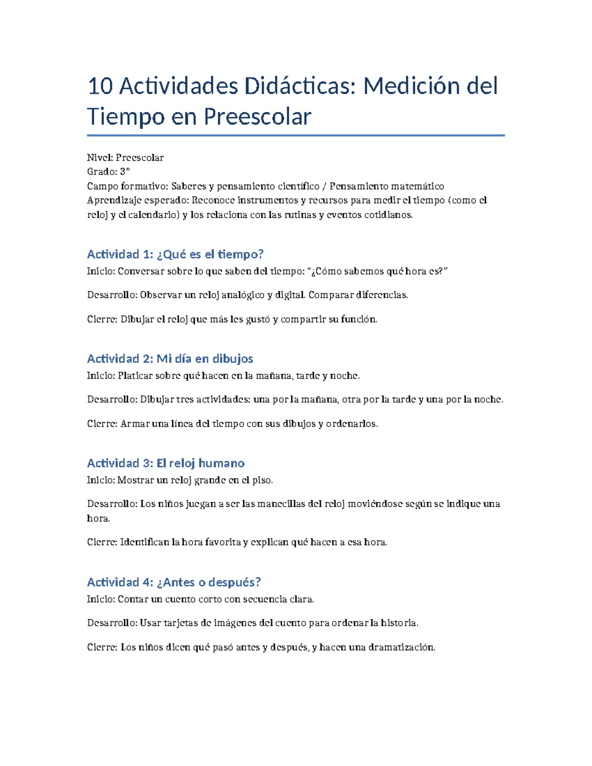 10 Actividades Didácticas para Medir el Tiempo en Preescolar - Studocu