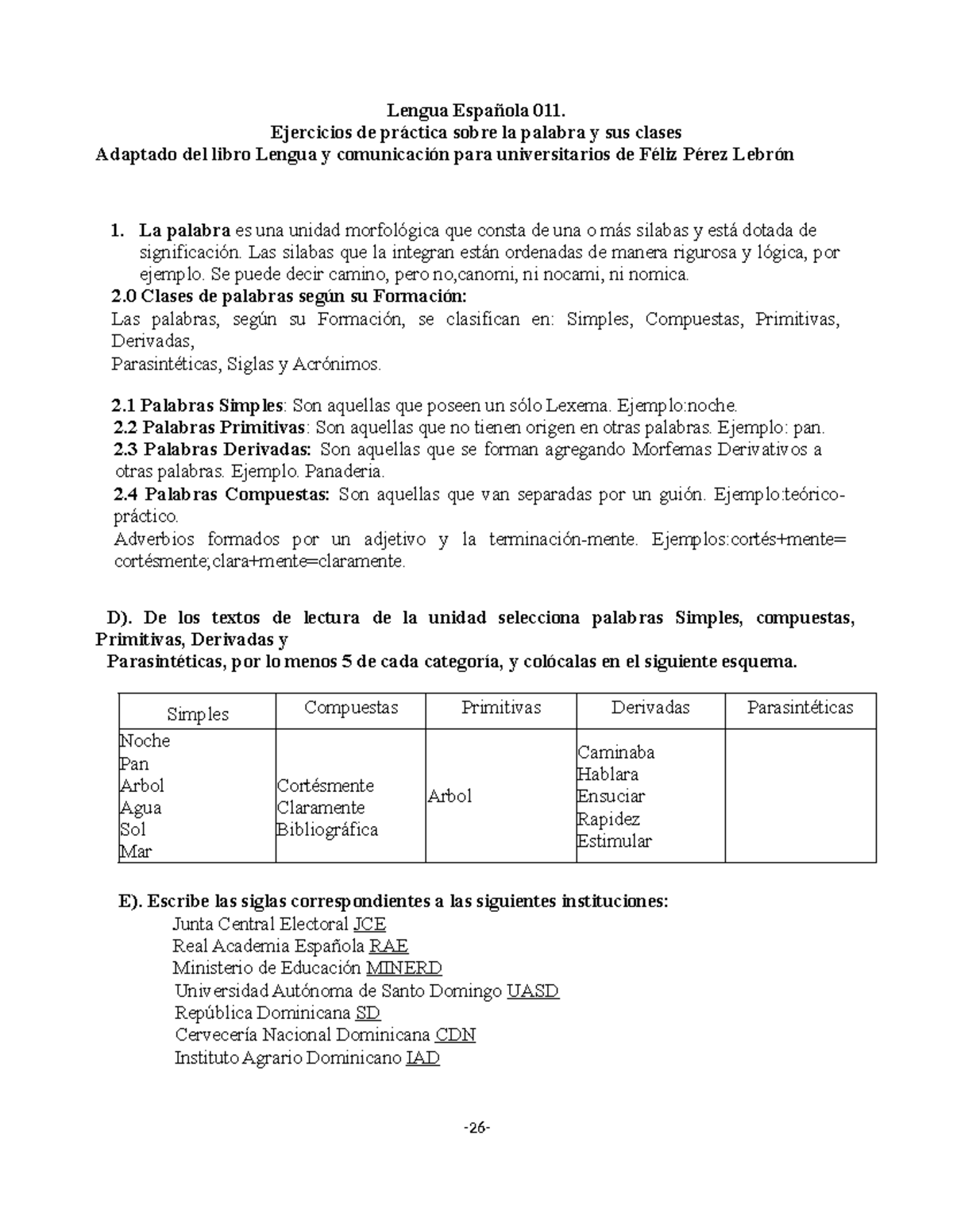 Ejertcicios La palabra y sus clases (1) - Lengua Española 011 ...