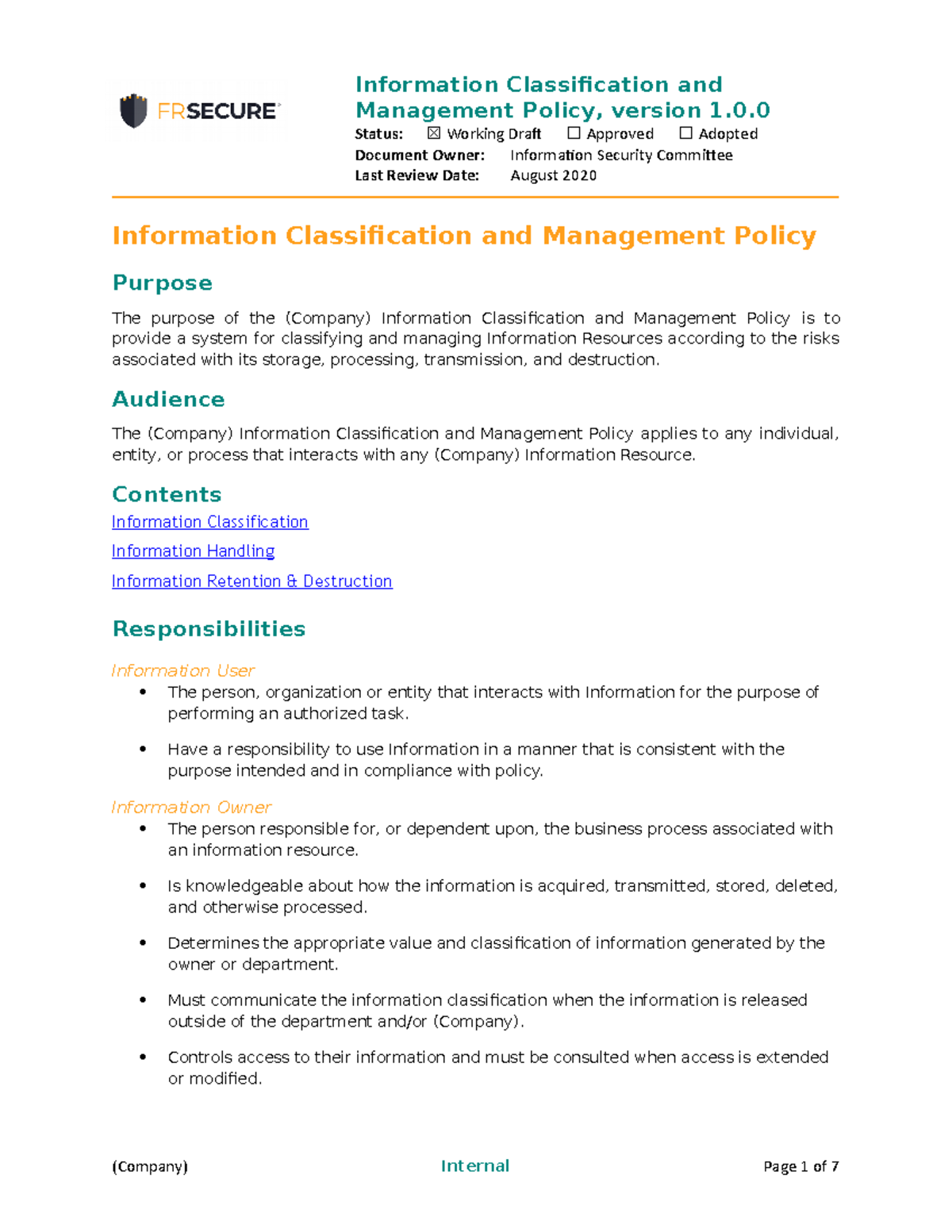 Information Classification & Management Policy Template v1.0 - Studocu
