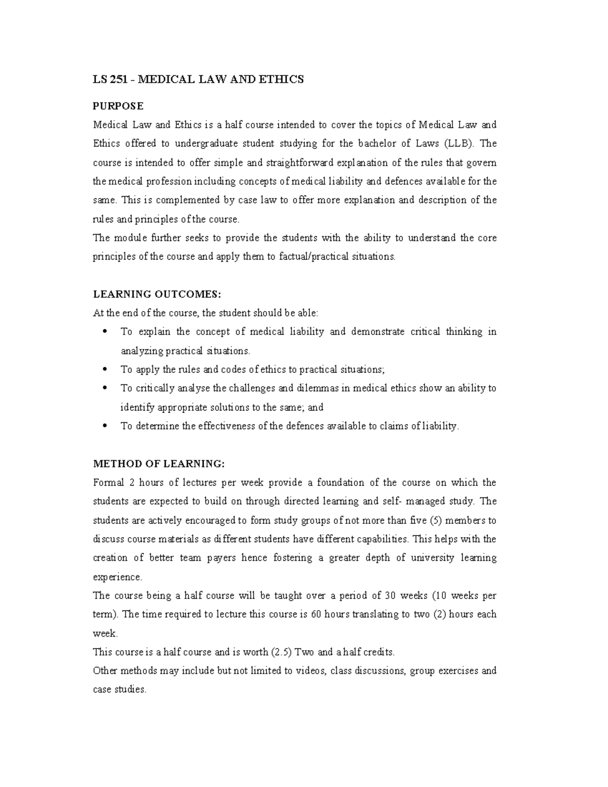 LS 251 - Medical Law and Ethics Course Overview and Assessment Guide ...