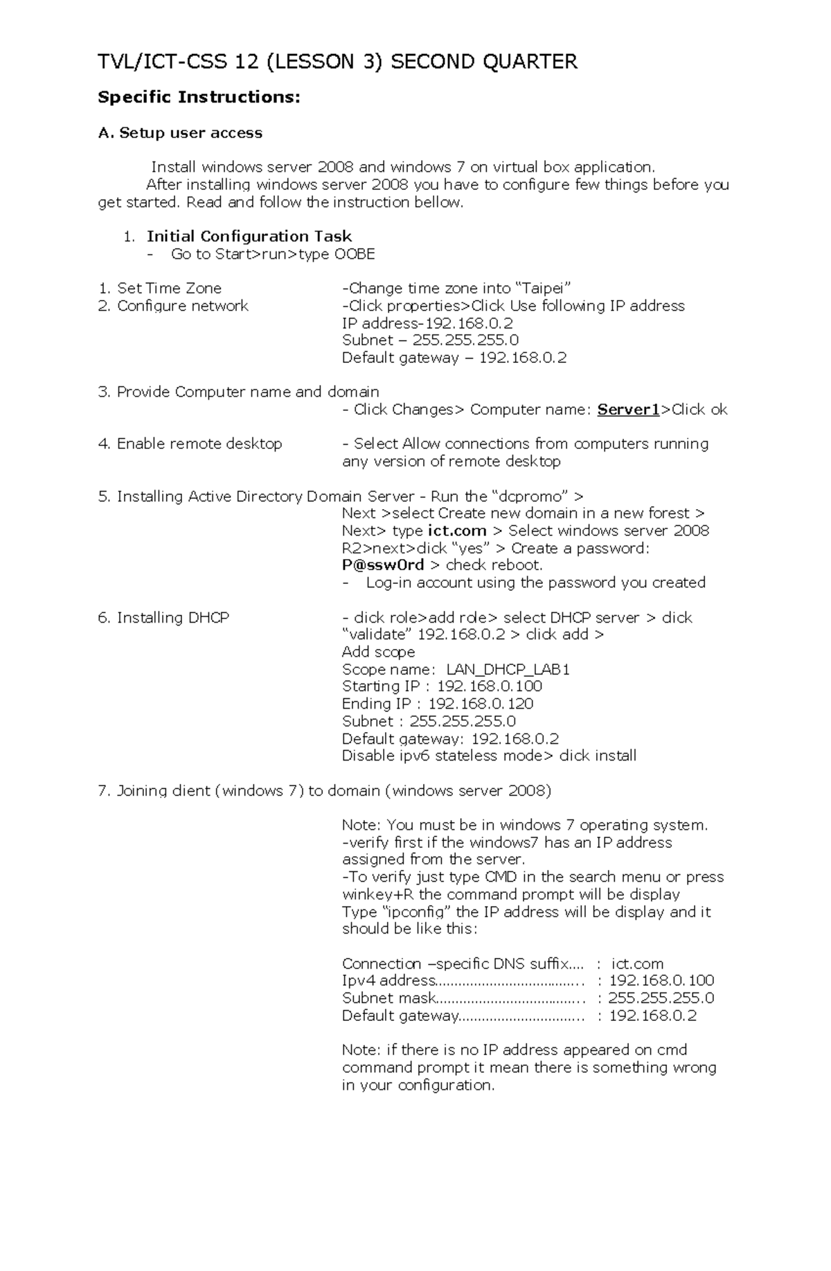 TVL/ICT-CSS 12 Lesson 3: Computer Server Setup Instructions - Studocu