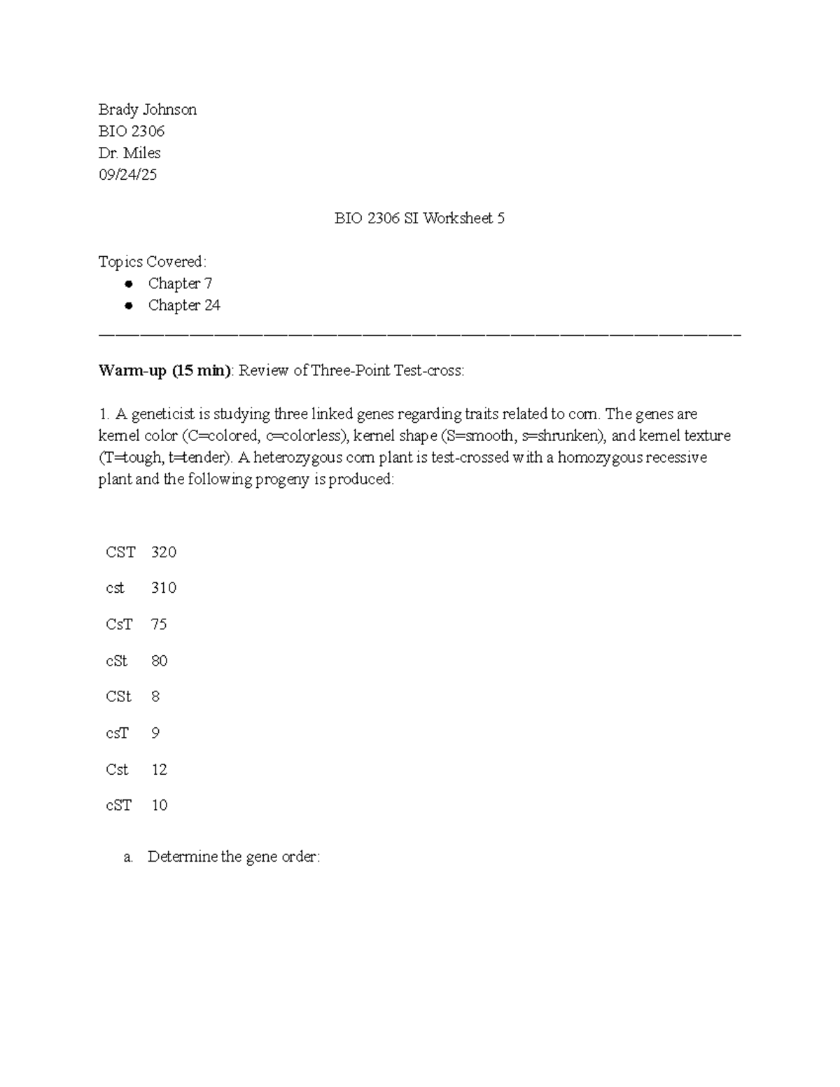 BIO 2306 SI Worksheet 5 - Genetics Concepts - Studocu