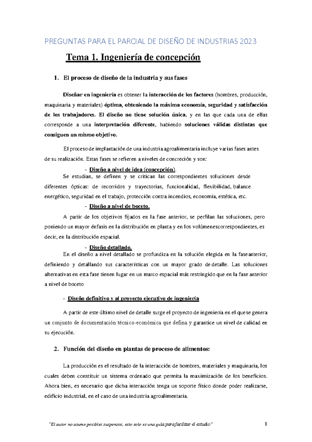 Examen Parcial DISEÑO DE INDUSTRIAS 2023: Preguntas y Temas Clave - Studocu