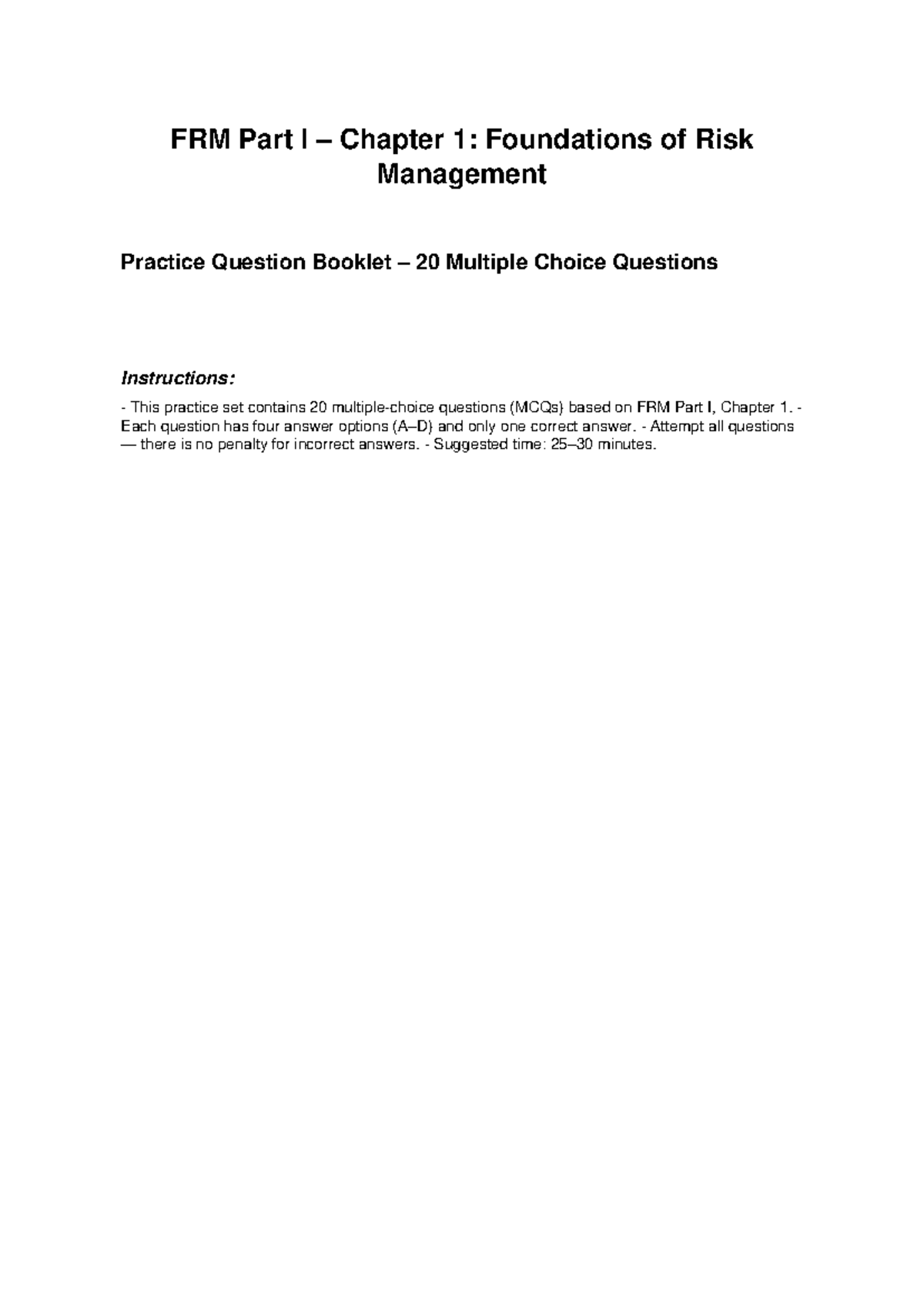 FRM Part I Chapter 1: Risk Management Practice MCQs Booklet - Studocu