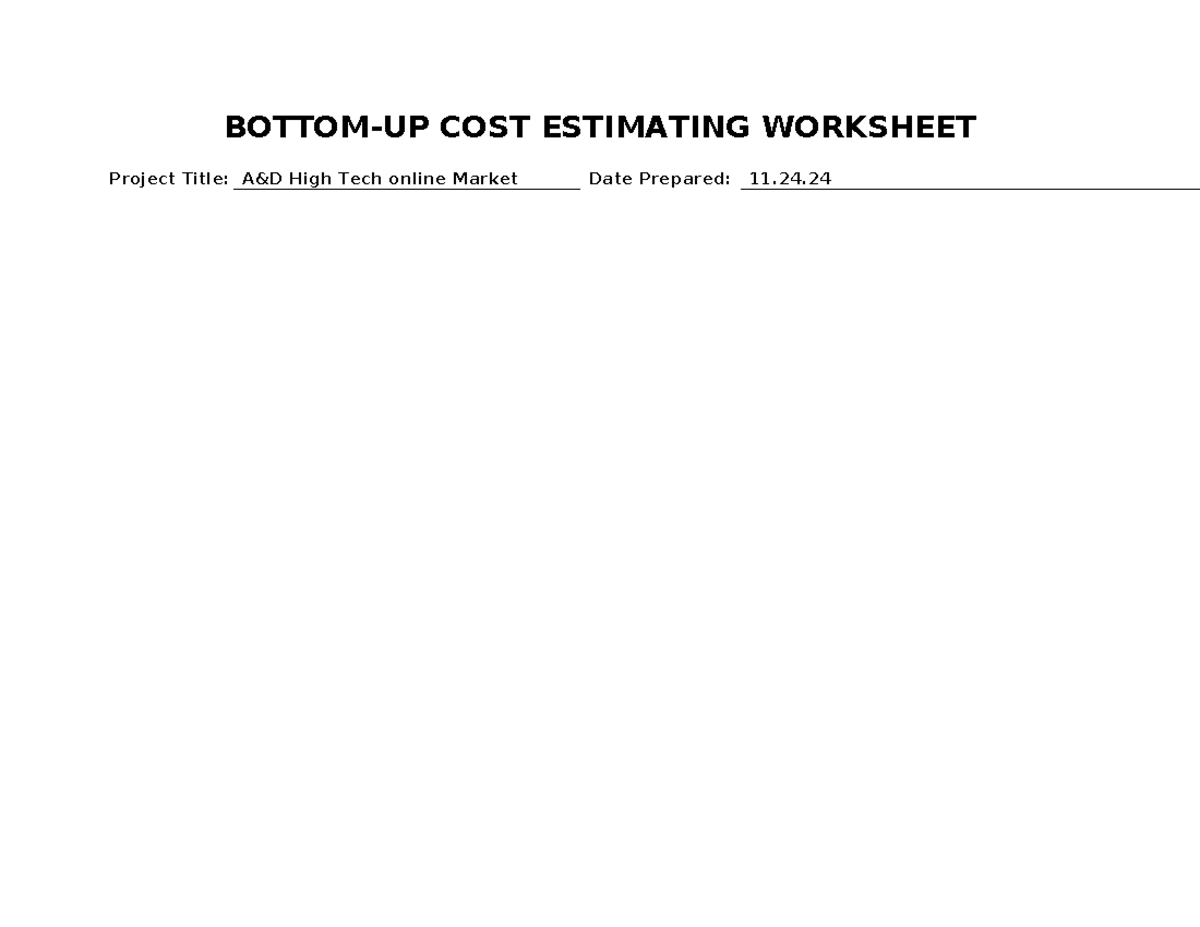 QSO355 Bottom-Up Cost Estimating Worksheet Template for A&D Market ...