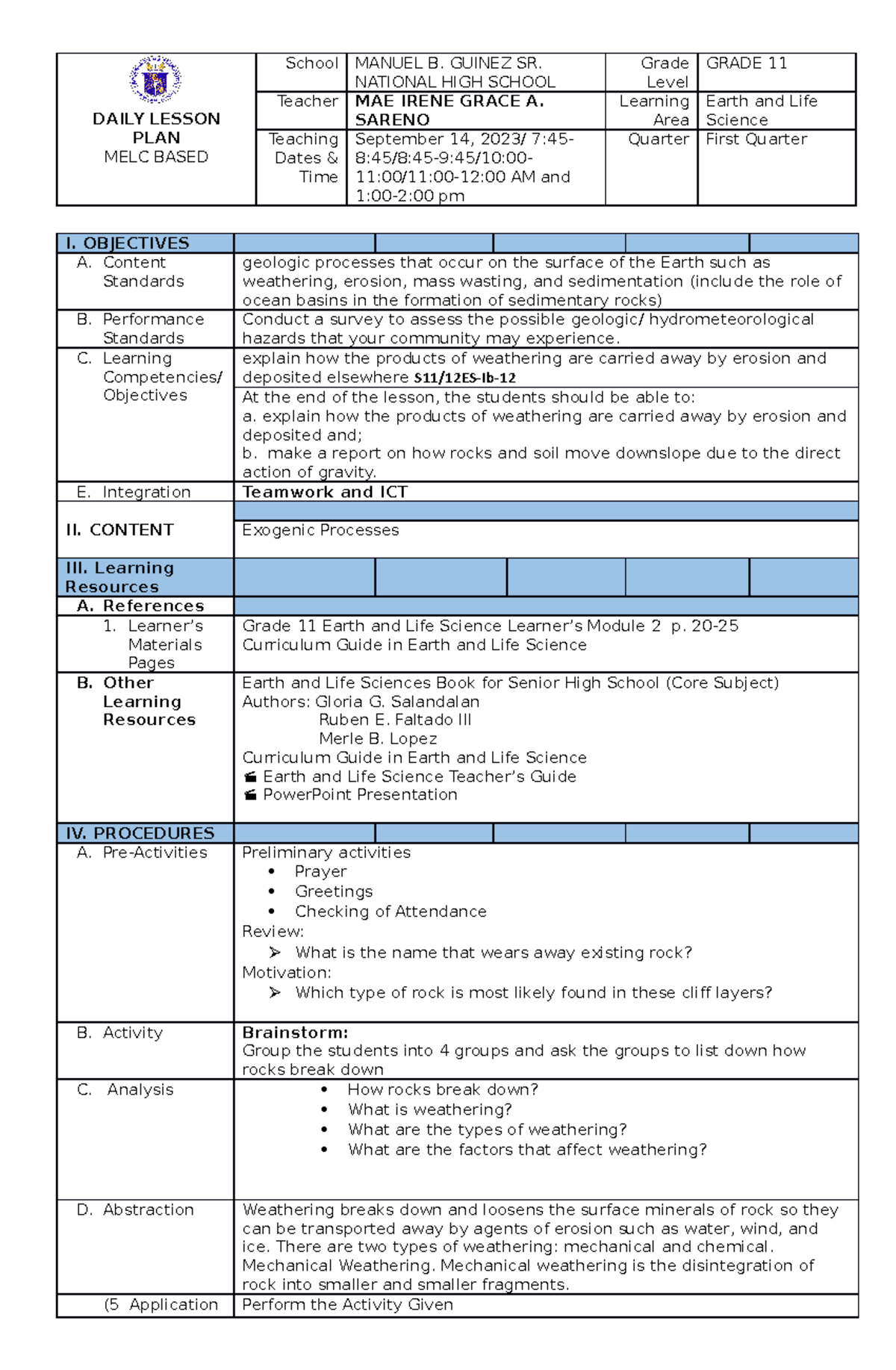 Lesson Plan for Grade 11 Earth and Life Science ELS 4 - DLL - Studocu