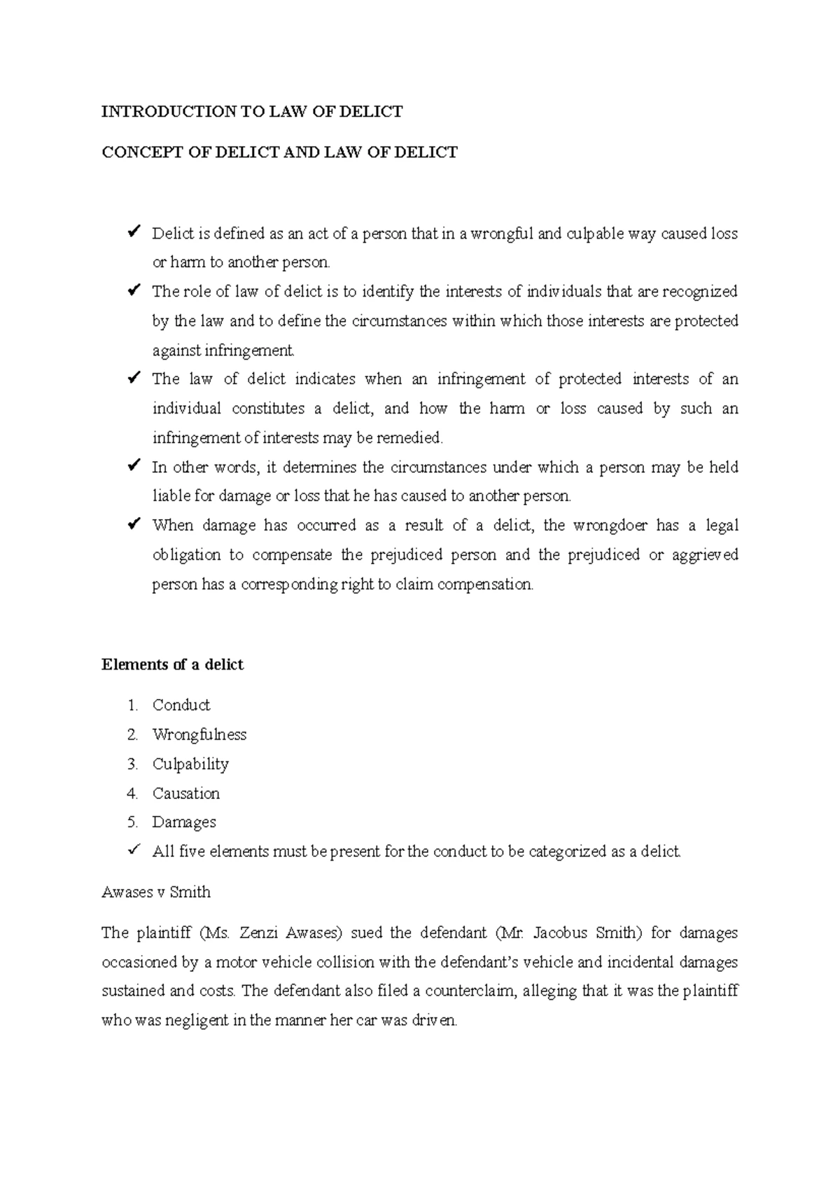 Notes Law of Delict ts 2023 final - 1 | P a g e LAW OF DELICT - 2023 ...
