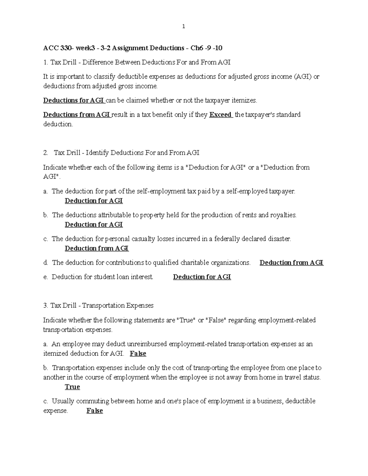 ACc 330- week3 - 3-2 Assignment Deductions- Ch6-9-10 - Deductions for ...