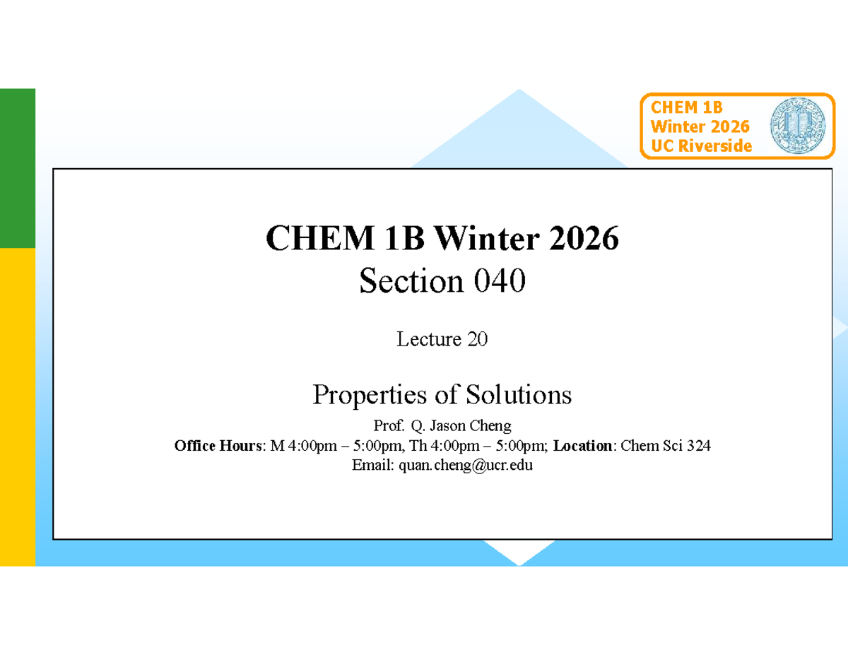 CHEM 1B Winter 2026 Lecture 20: Properties of Solutions - Studocu