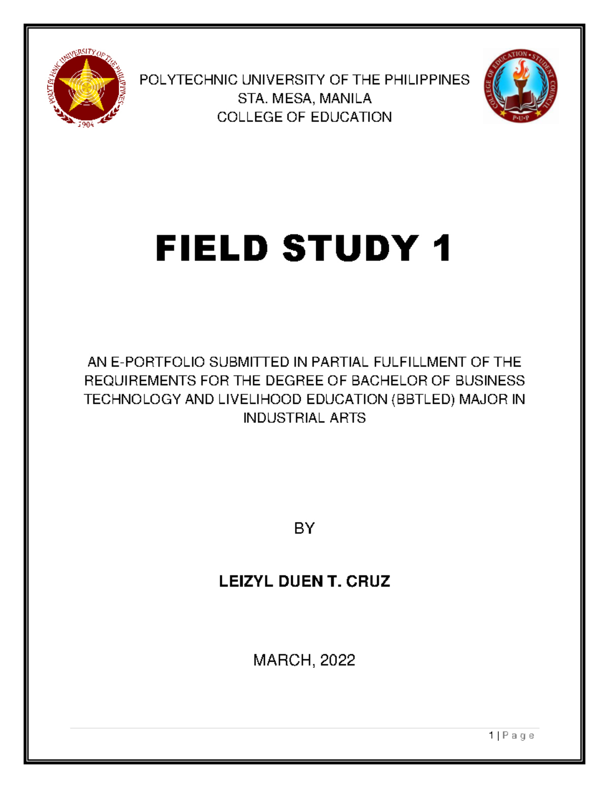 E-Portfolio for Field Study 1 (BBTLED Major in Industrial Arts) - Studocu