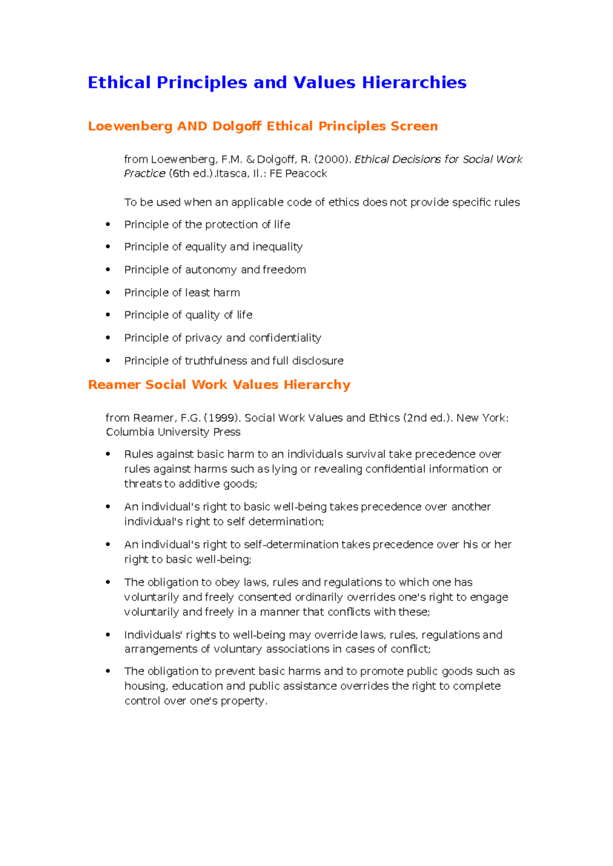 Ethical Principles & Values Hierarchies for SW 101: A Comprehensive ...