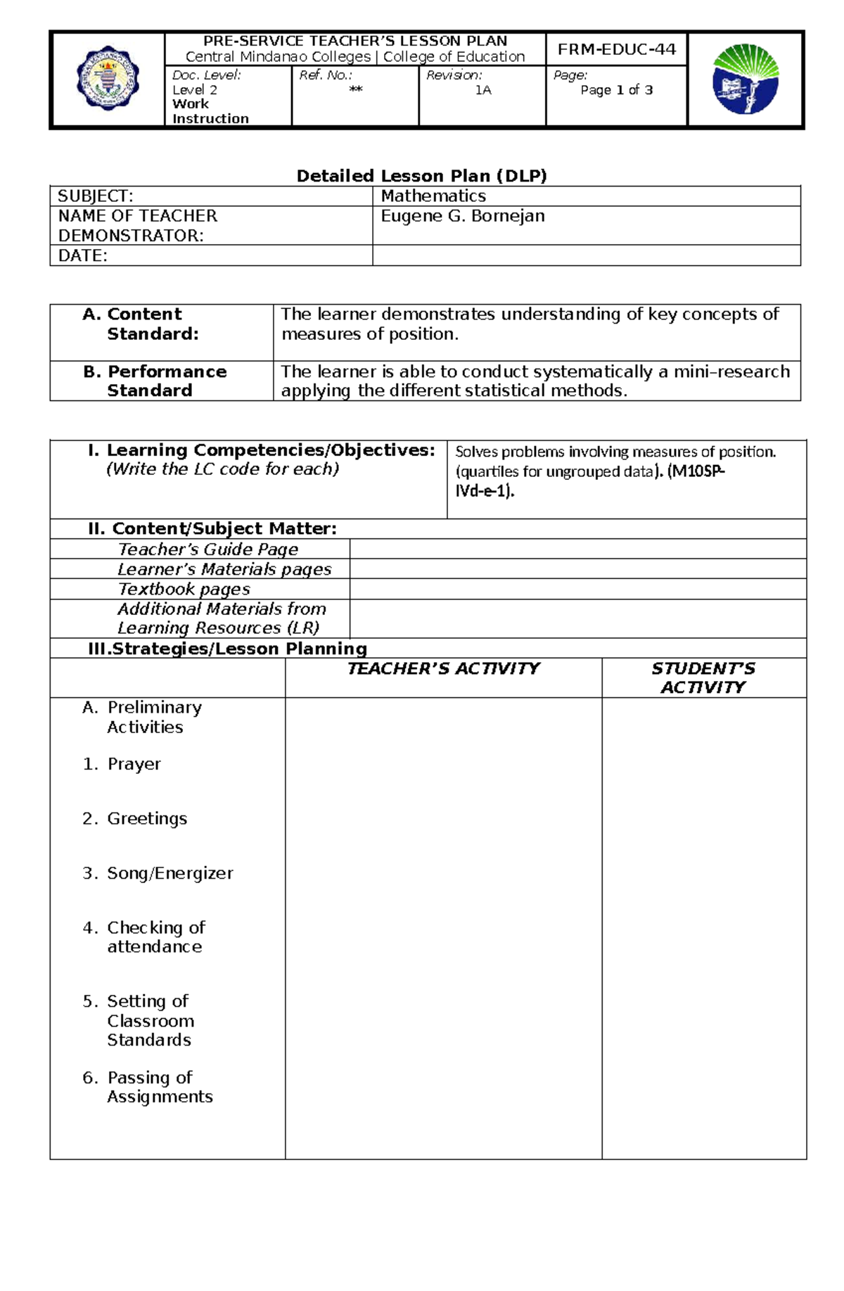 Detailed Lesson Plan for Mathematics (Level 2) - Central Mindanao ...