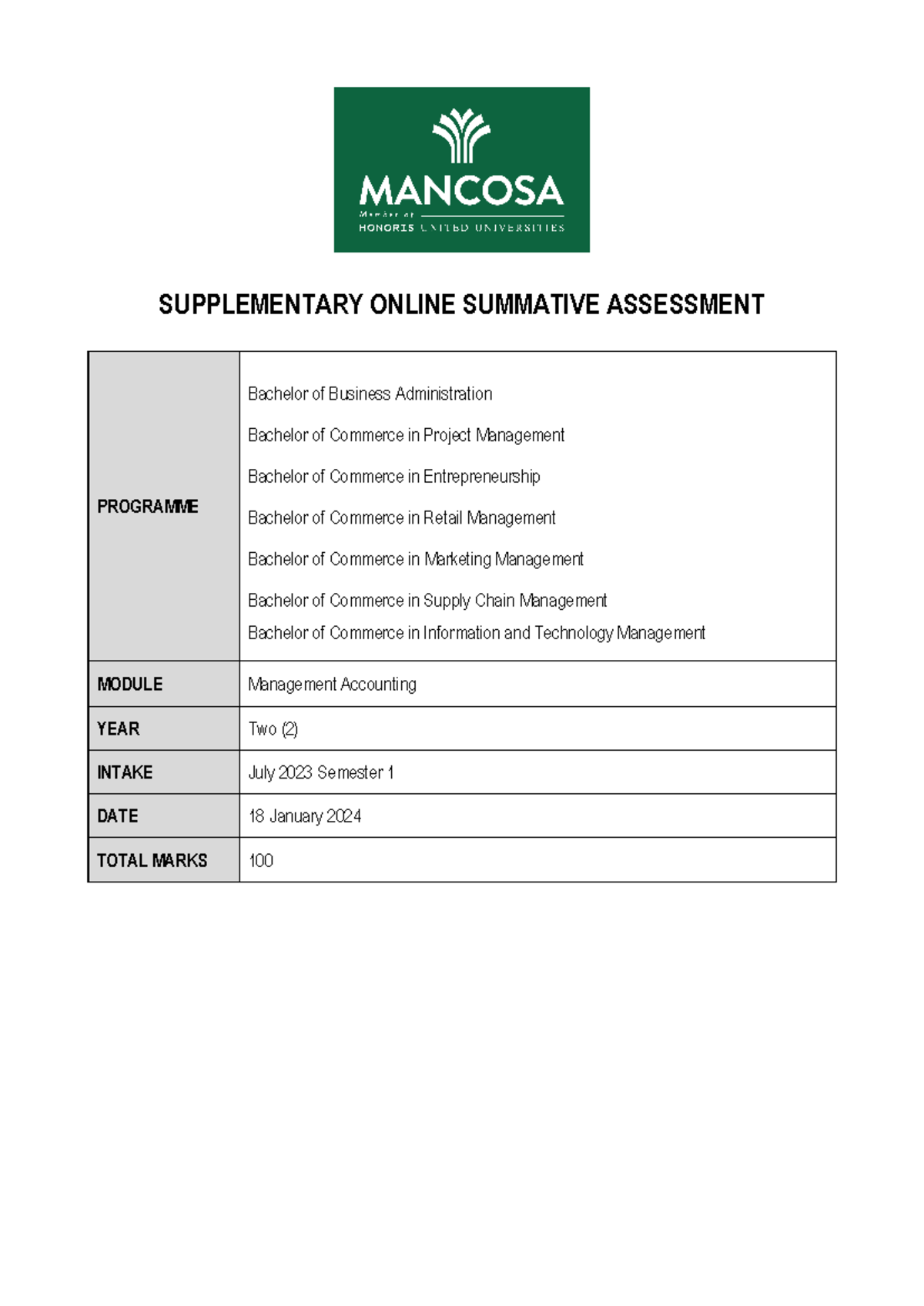2024 - Management Accounting Supplementary OSA Exam Paper - Studocu