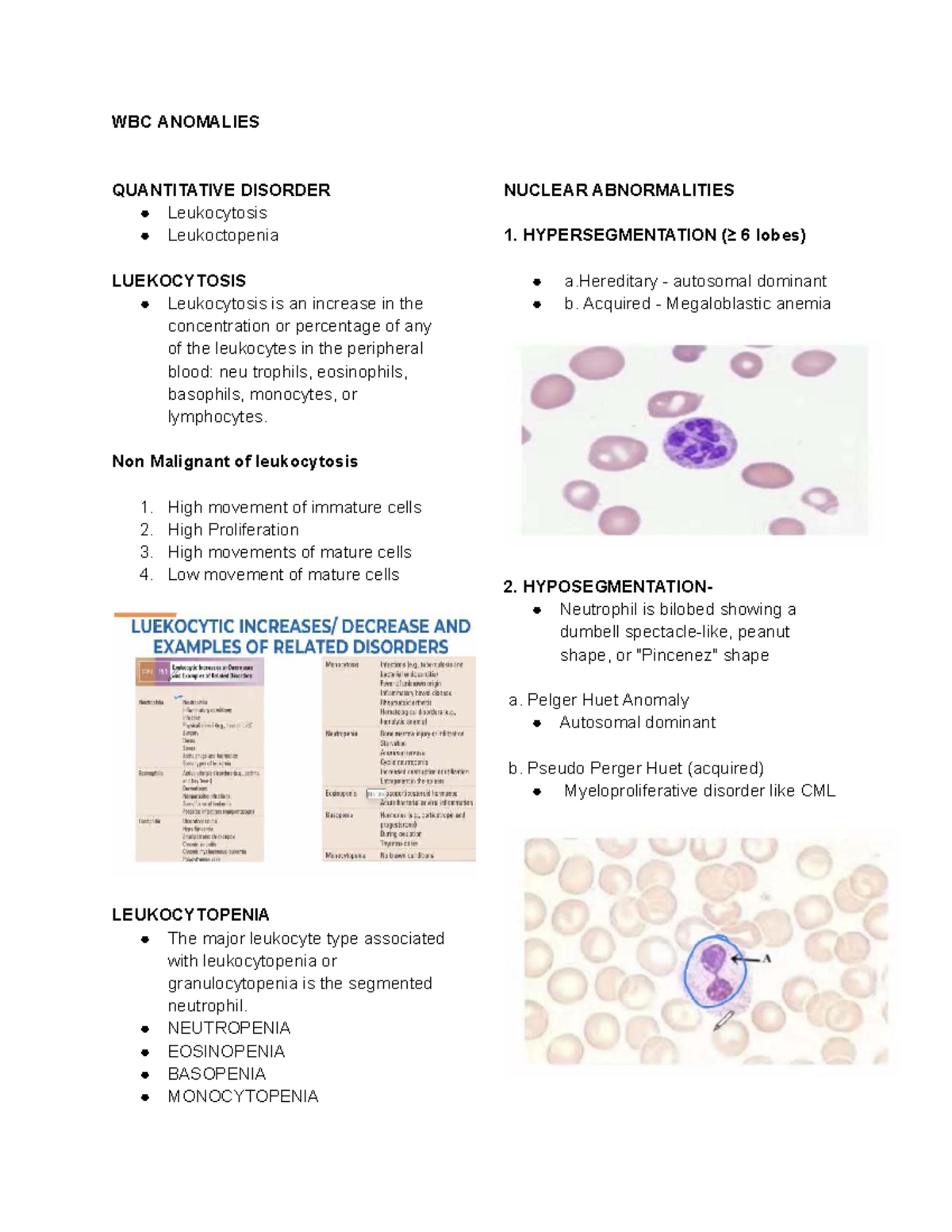WBC Anomalies: Notes on Leukocytosis & Leukocytopenia - Studocu