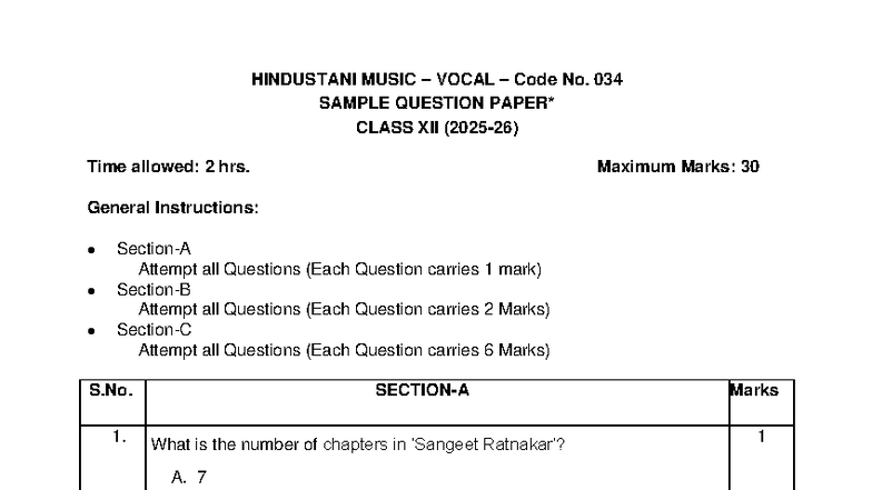 Hindustani Music Vocal - Class XII Sample Question Paper (Code 034 ...