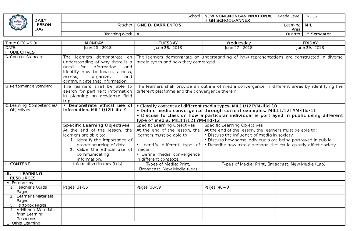 Week 4 MIL - Daily Lesson Log in Media and Info Literacy - Studocu