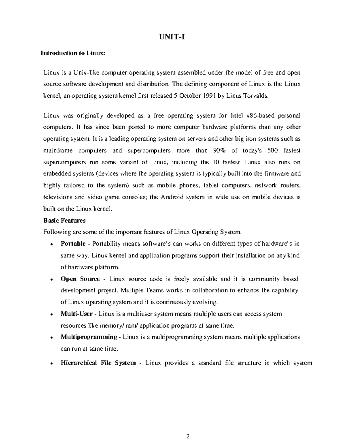 Linux Lecture Notes 1 Unit I Introduction To Linux Linux Is A Unix Like Computer Operating