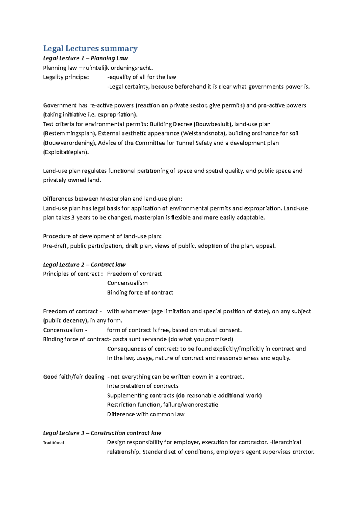 Summary - lecture 1-7 - Legal Lectures summary Legal Lecture 1 Planning ...