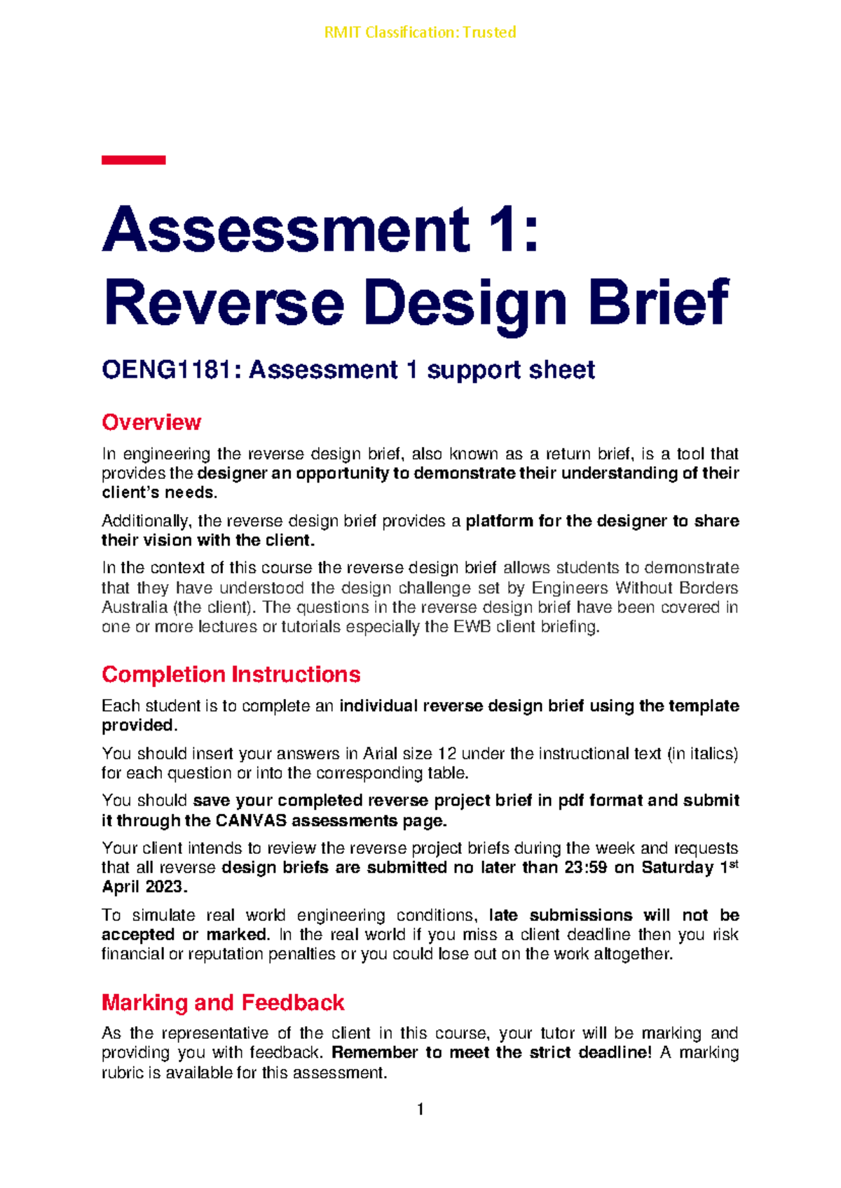 OENG1181 Assessment 1 Reverse Design Brief Template-2 - — Assessment 1 ...