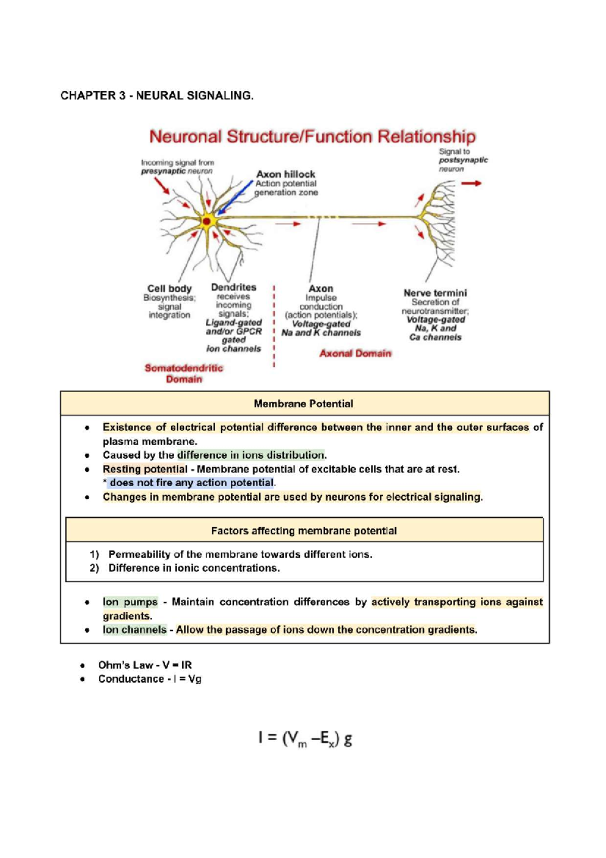 CHAPTER 3 NEURAL SIGNALING NOTES - BIO621 - Studocu