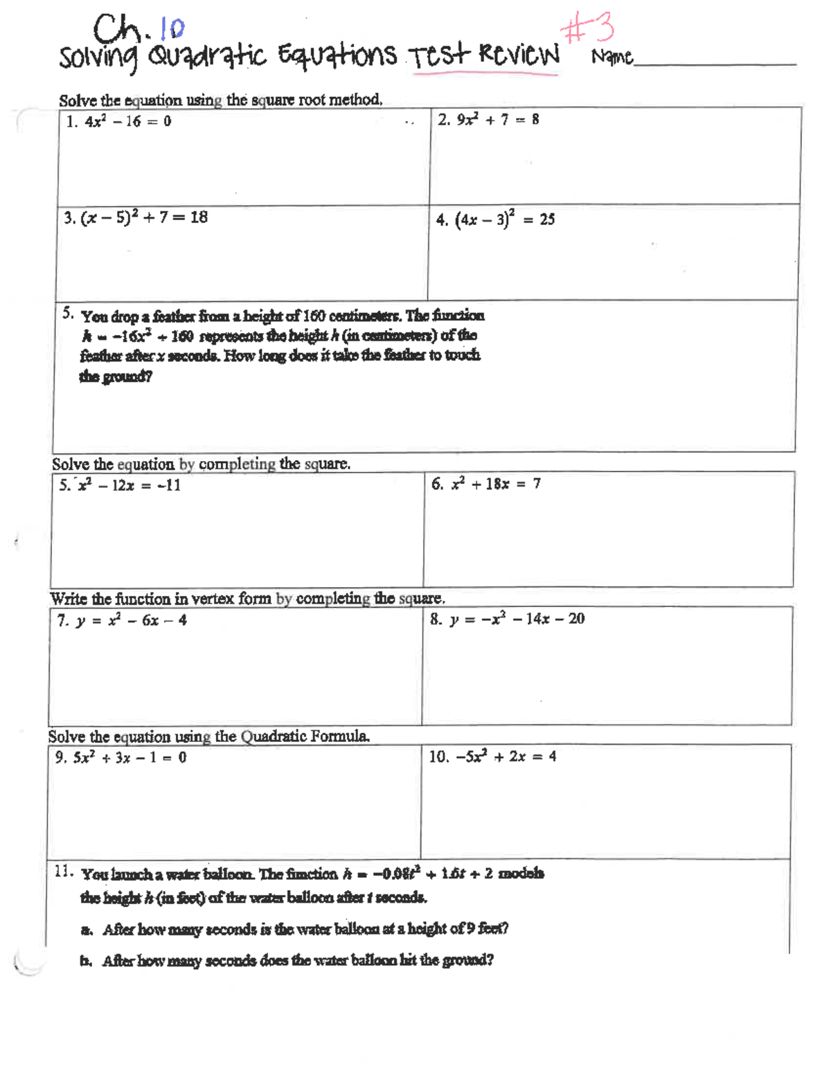 Ch. 10 Quadratic Equations Test Review & Solutions - Studocu