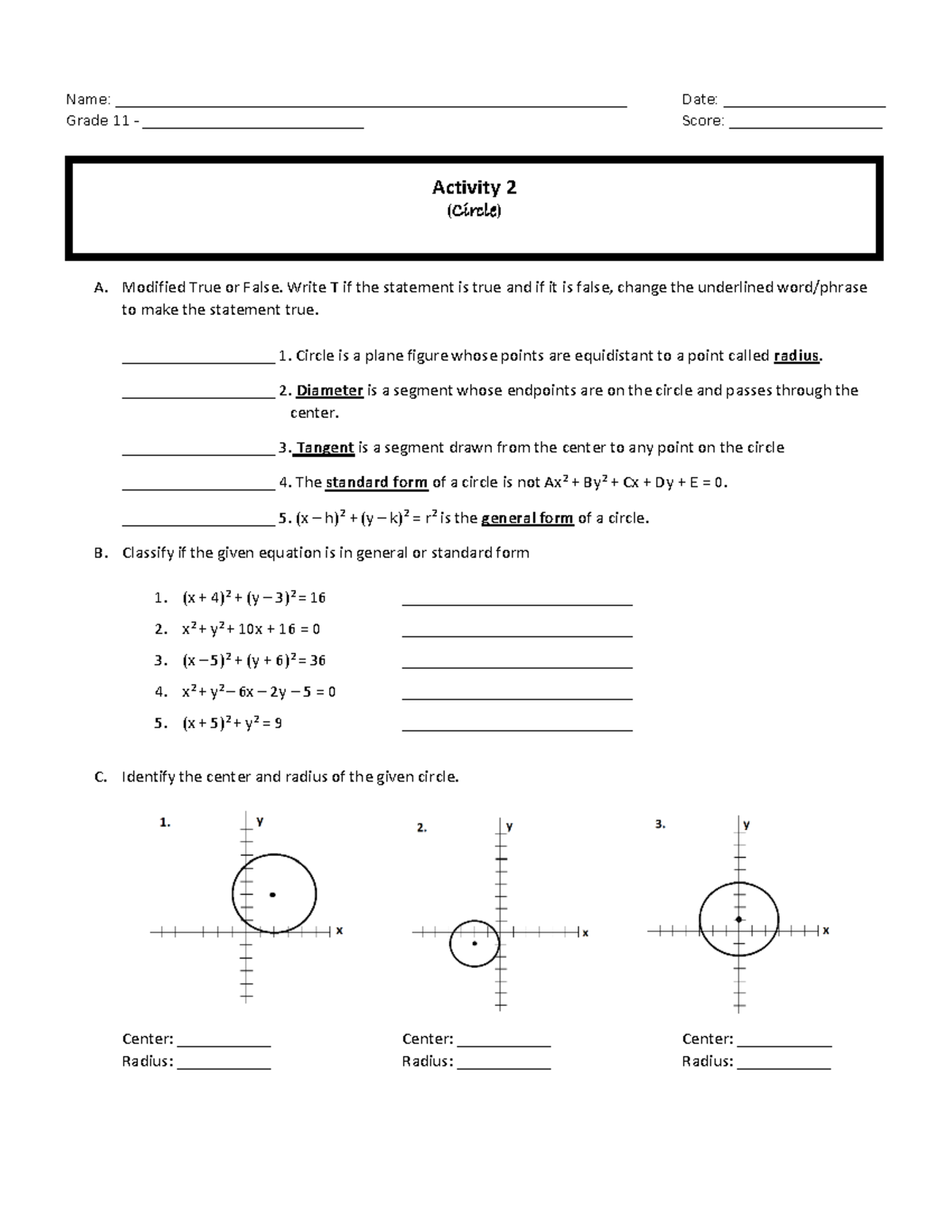 Grade 11 Precal Activity Sheet: Understanding Circles - Studocu
