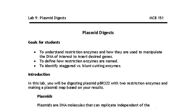 Lab 9: Plasmid Digests and Restriction Enzyme Analysis MCB 151 - Studocu