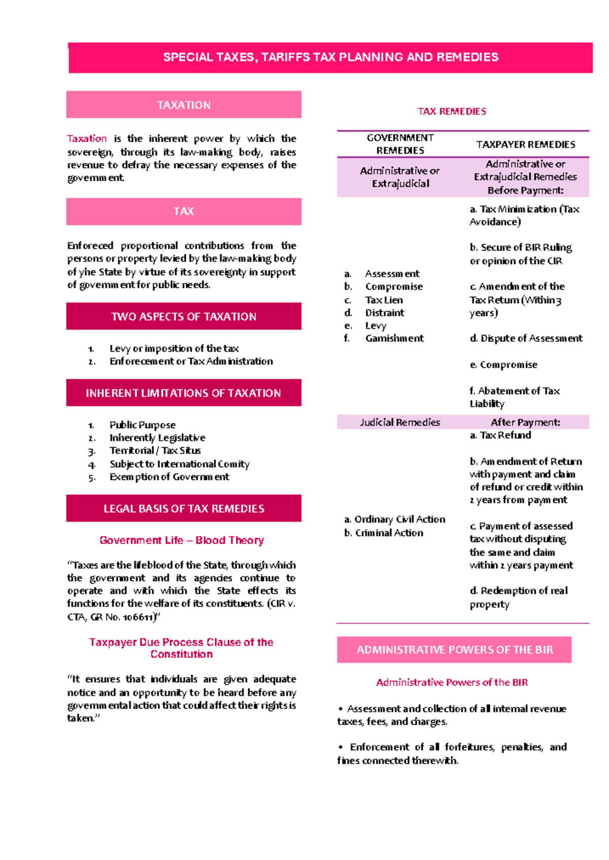 TAX 101: Prelim Lecture Notes on Special Taxes and Remedies - Studocu