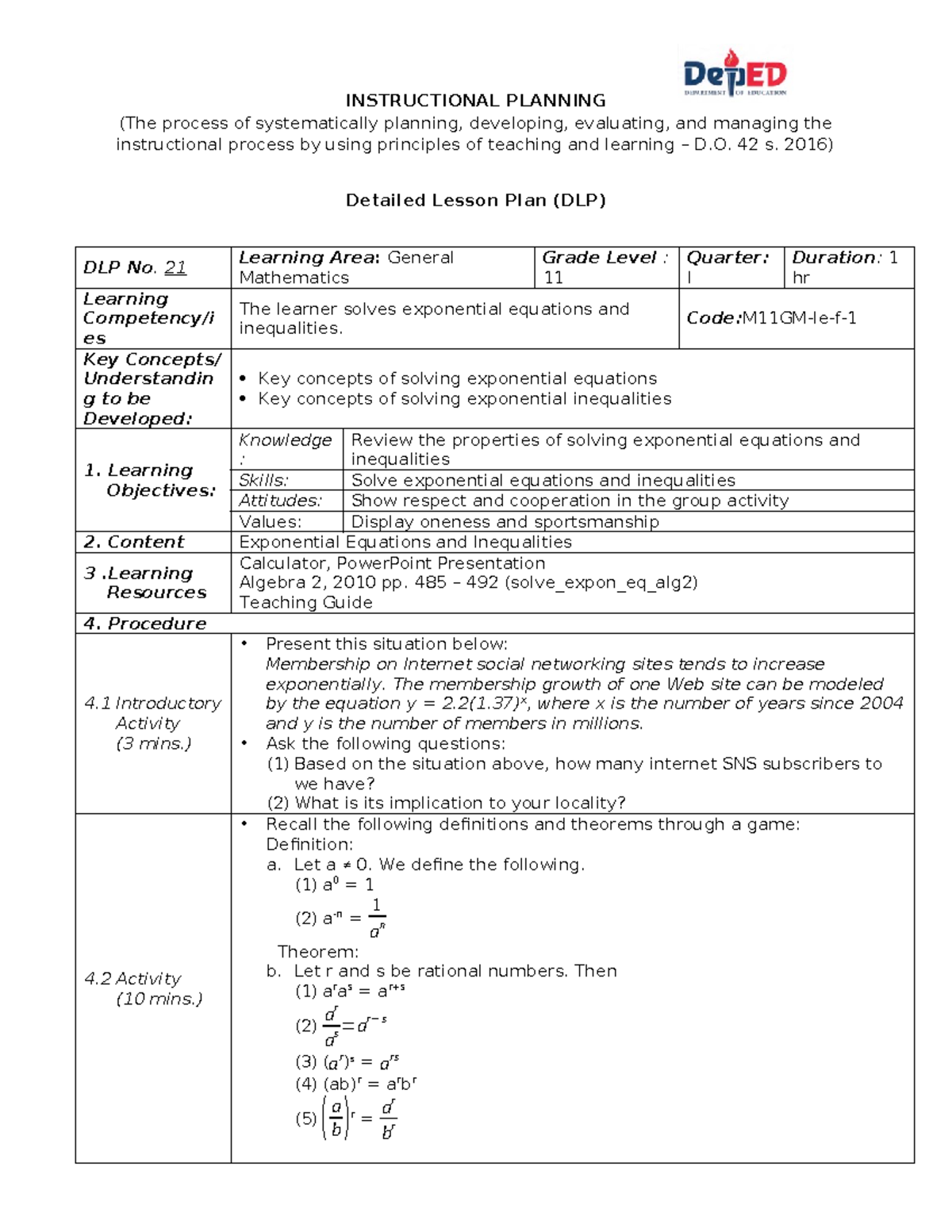 Instructional Plan - Semi Detailed Lesson Plan - INSTRUCTIONAL PLANNING ...