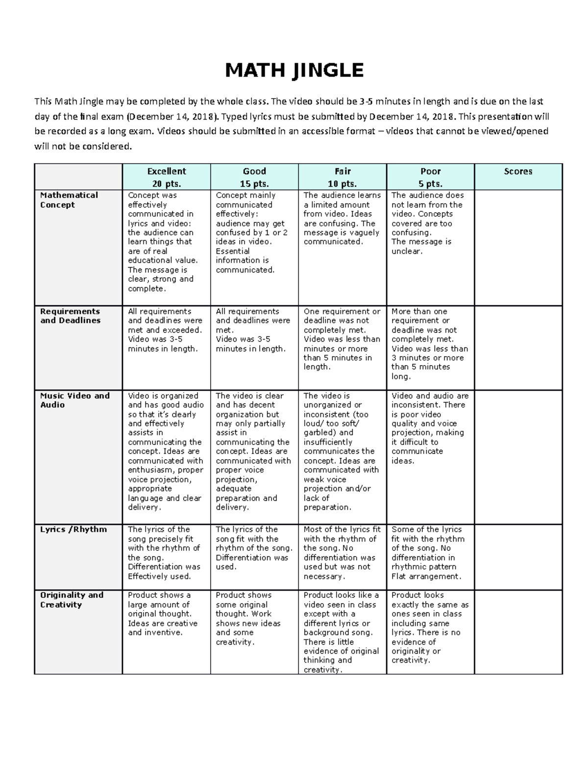 MATH 101 Final Exam Jingle Rubric and Guidelines - Studocu