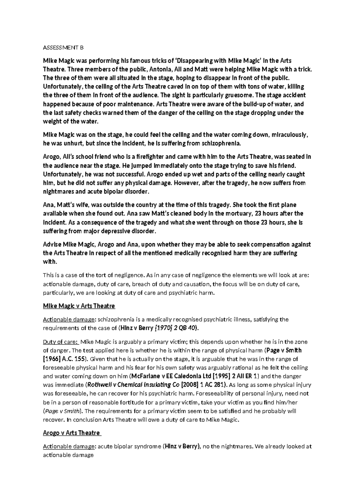 Assessment B: Psychiatric Harm Case Study - Mike Magic v Arts Theatre ...