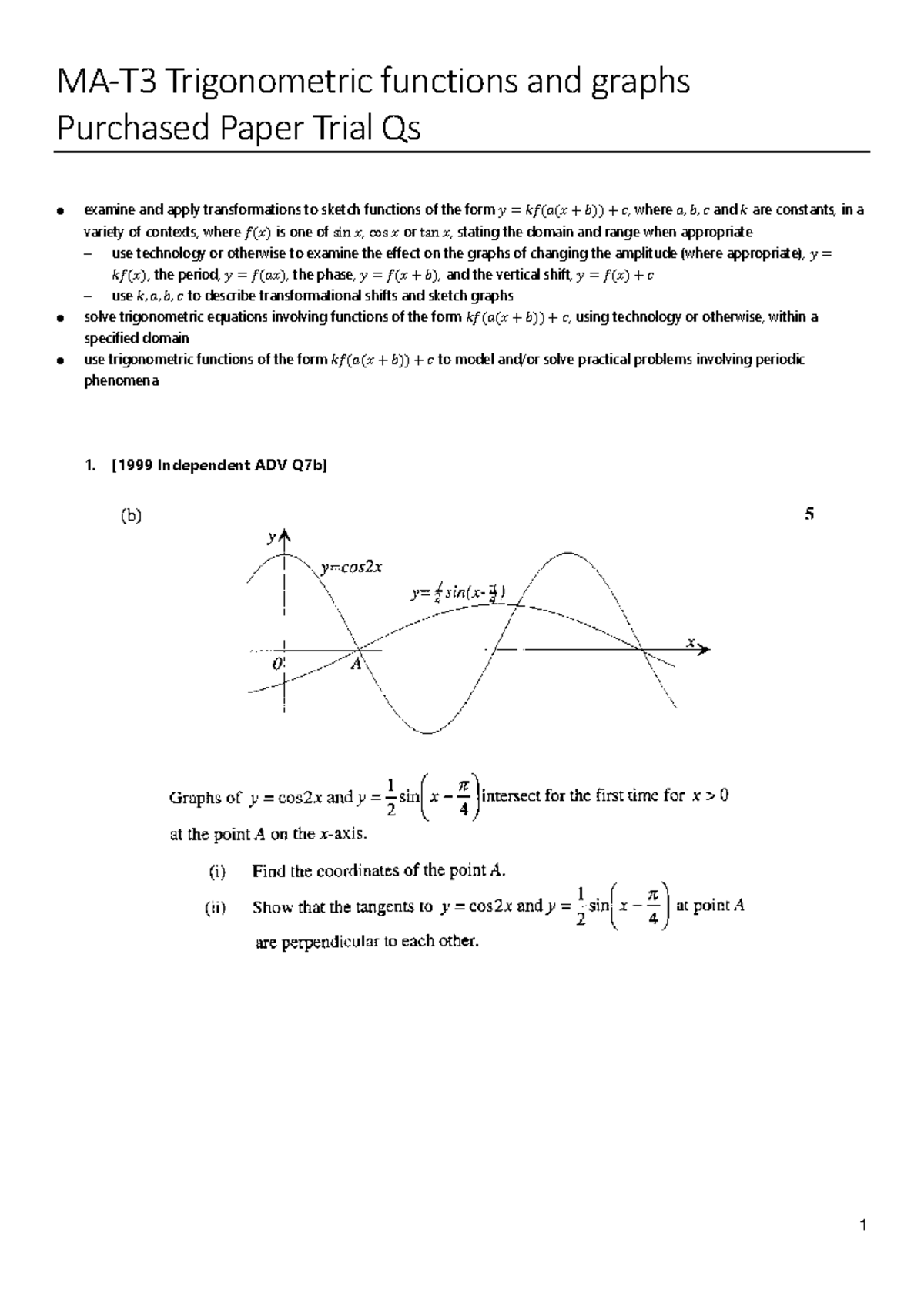 MA-T3 Trigonometric Functions & Graphs: Trial Questions - Studocu