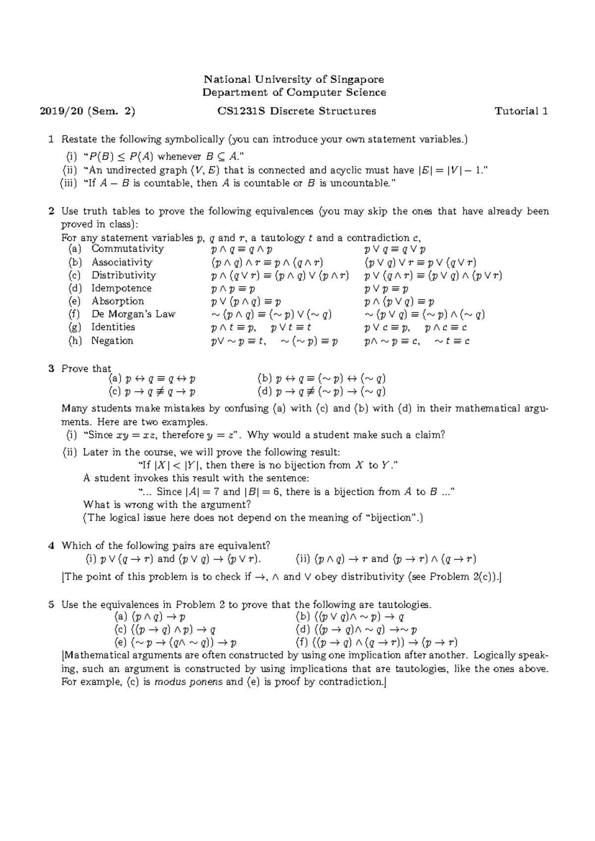CS1231S Discrete Structures Tutorial 1: Symbolic Logic and Proofs - Studocu
